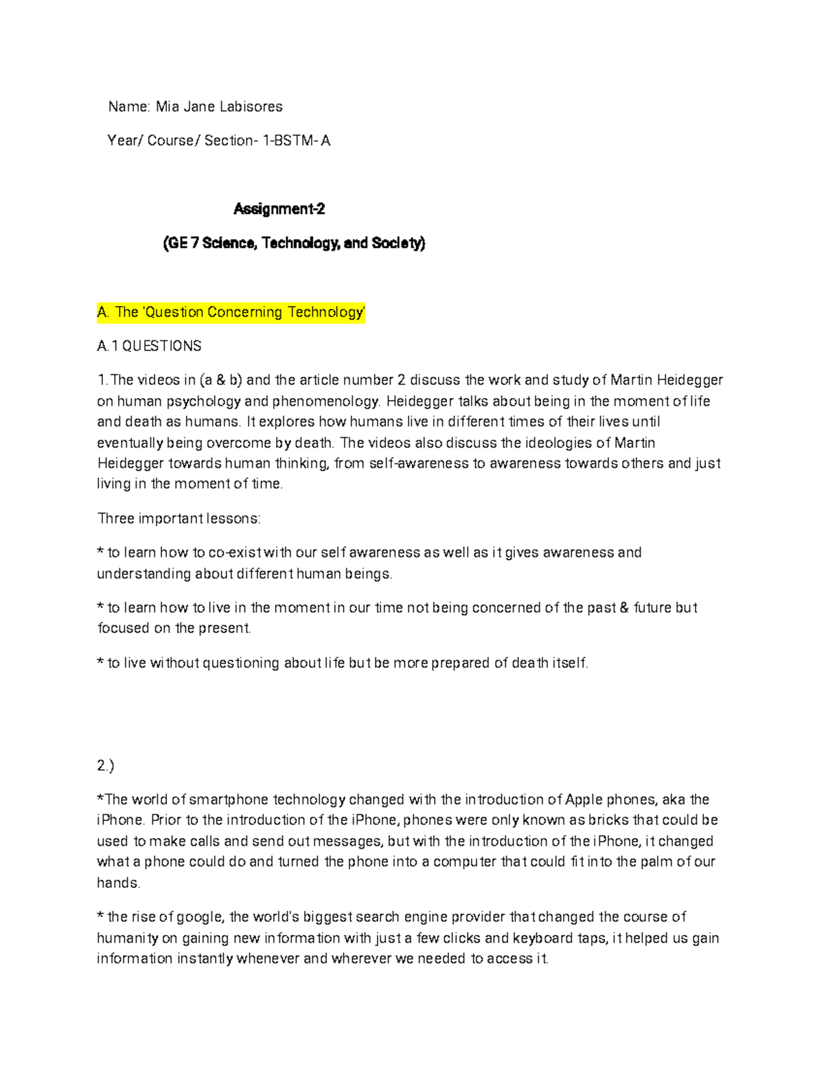 Assignment 2 ge7 Labisores MJ - Name: Mia Jane Labisores Year/ Course/ Section- 1-BSTM- A - Studocu