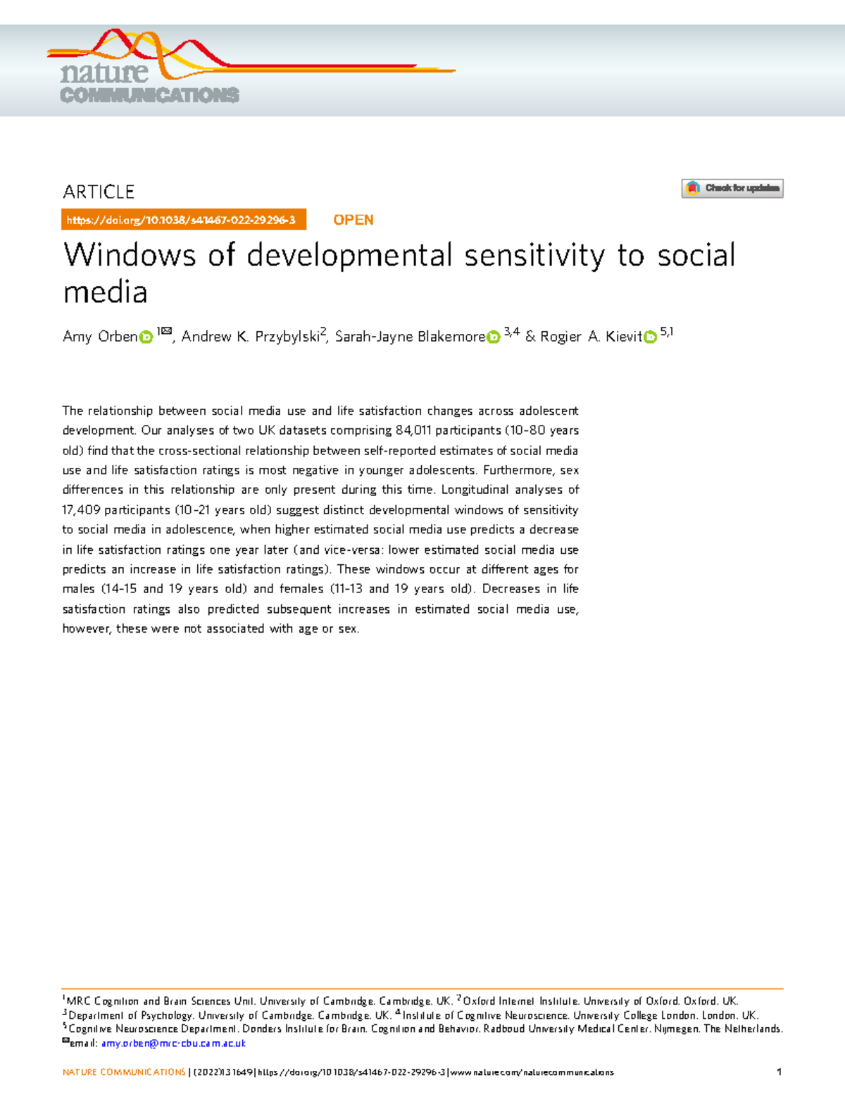 Windows of developmental sensitivity to social media - ARTICLE Windows ...