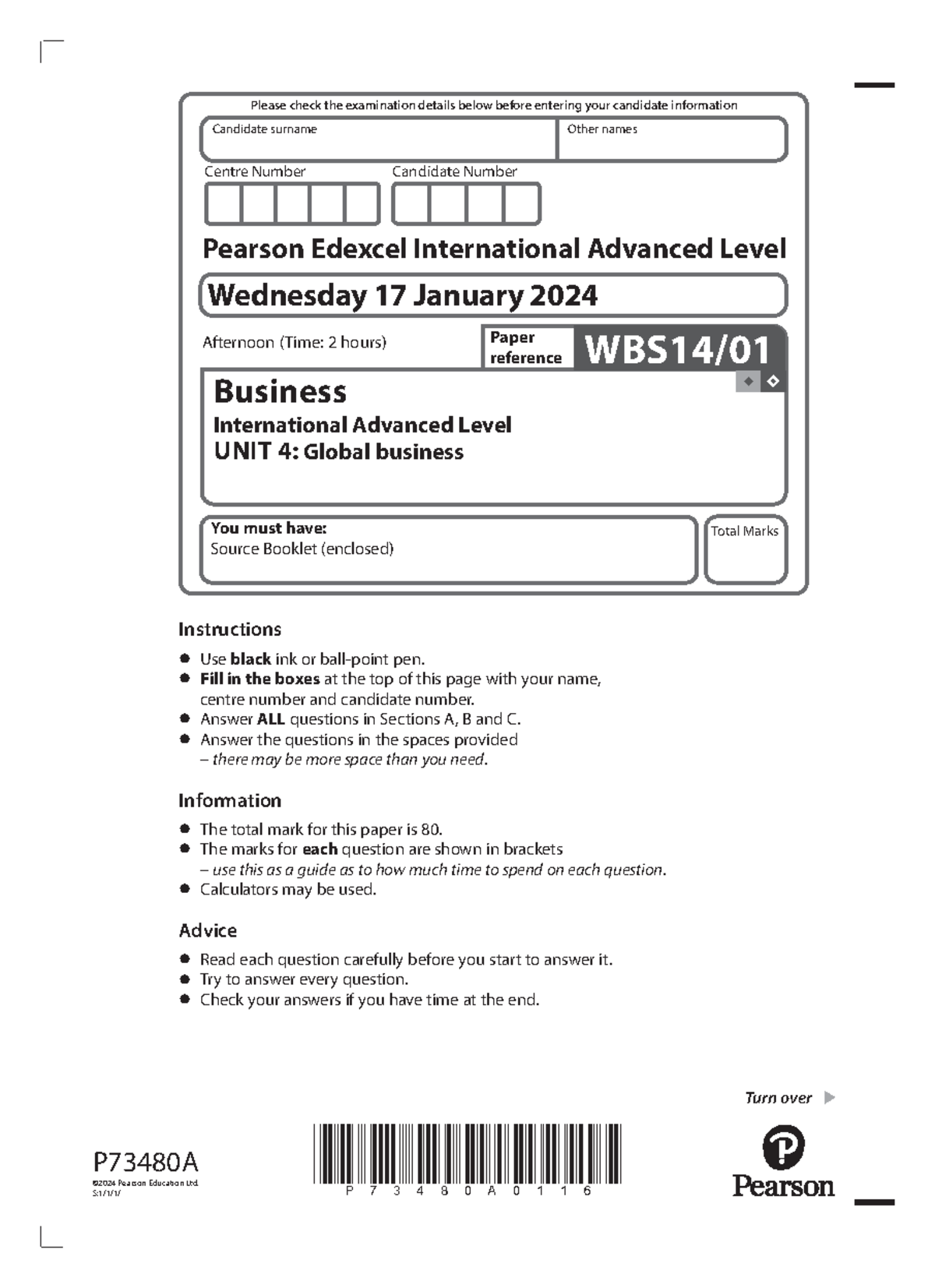Wbs14 01 que 20240118 - BUSINESS PAPER - P73480A0116 Turn over P73480A©2024 Pearson Education ...