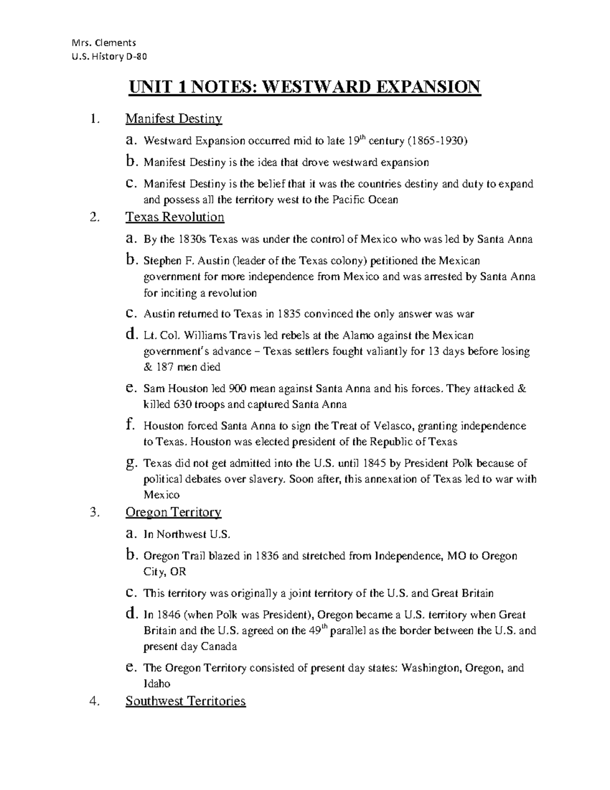 Unit 1 Westward Expansion Notes - U. History D- UNIT 1 NOTES: WESTWARD ...