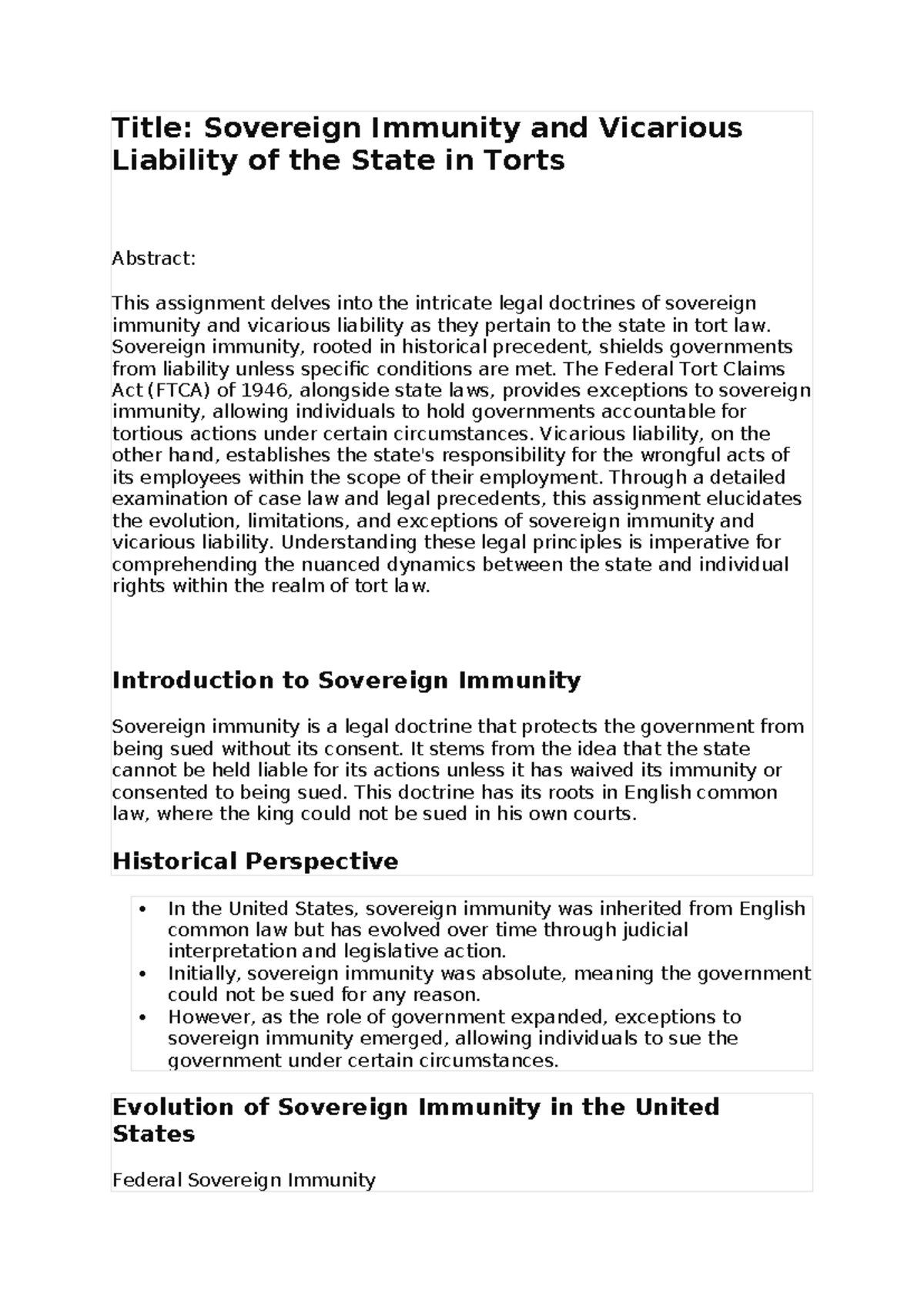 Torts assignment - Title: Sovereign Immunity and Vicarious Liability of ...
