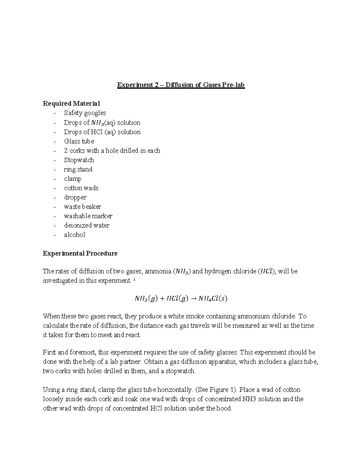 Experiment 2 - Pre Lab - Diffusion of Gases - Name: Laiba Jamal Student ...