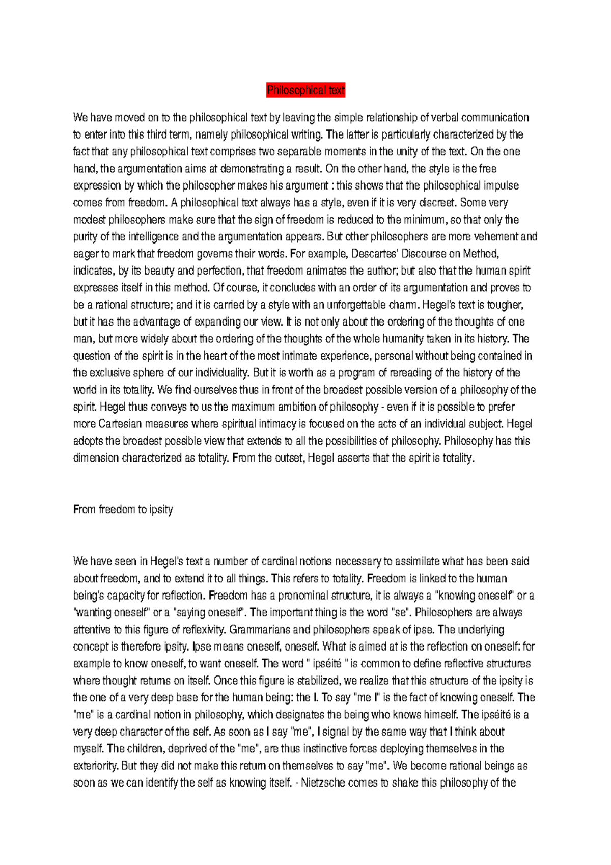 Philosophical text - Lecture notes Class 2 - Philosophical text We have ...