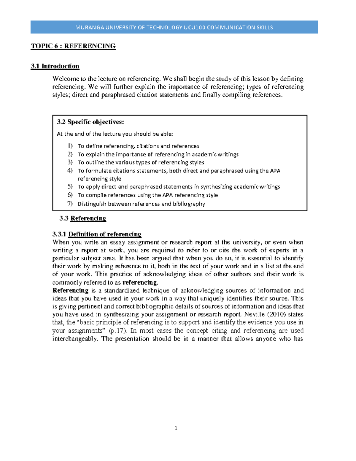 Week 8 UCU100 - Good - TOPIC 6 : REFERENCING 3 Introduction Welcome to ...