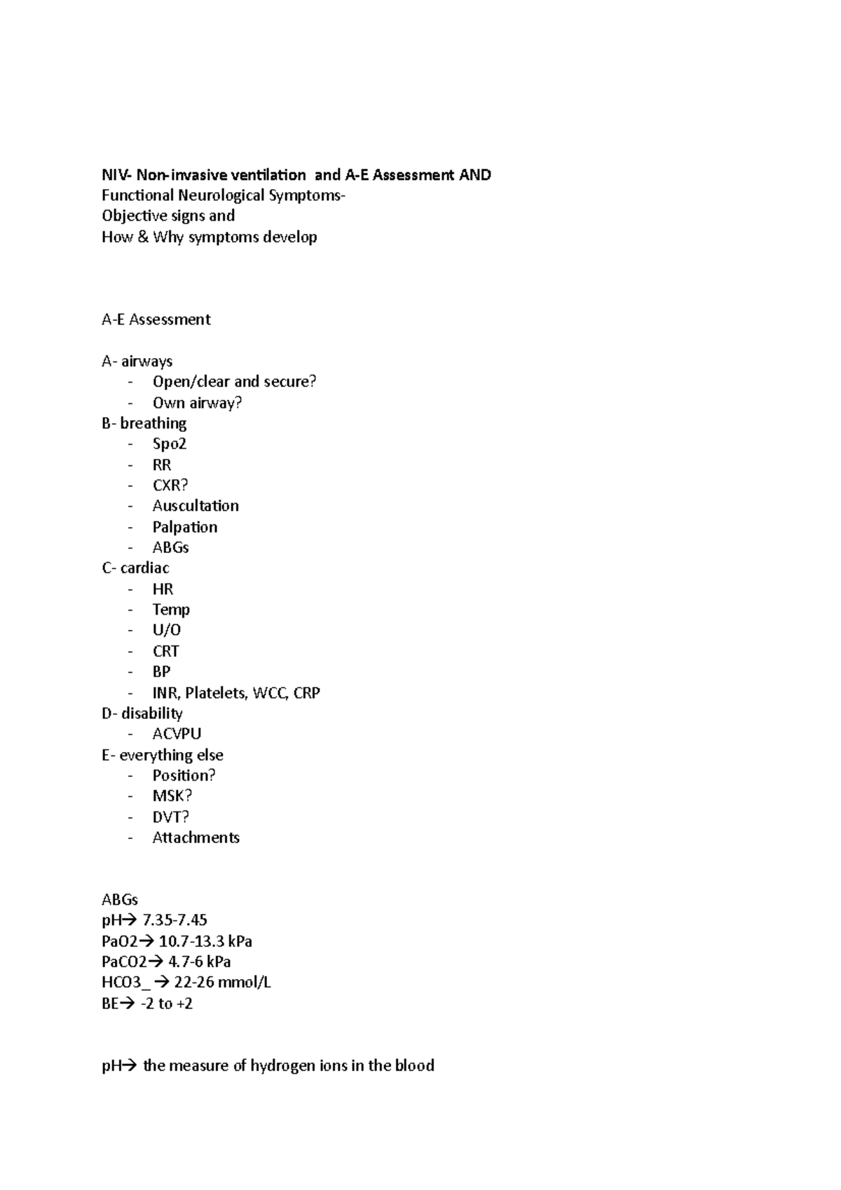 NIV- Non-invasive ventilation and A-E Assessment AND Functional ...