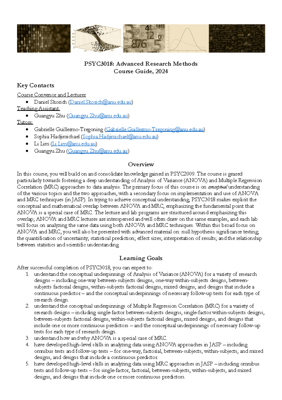 PSYC3018 Course Guide - 2024 - PSYC3018: Advanced Research Methods Course Guide, 202 4 Key ...