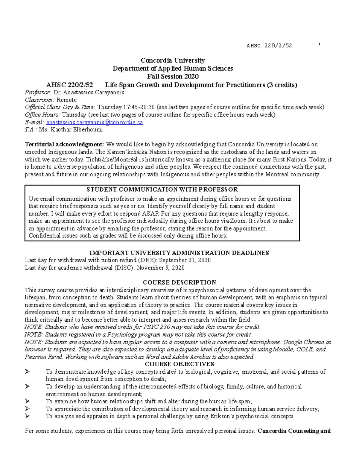 Course Outline AHSC 220 - AHSC 220/2/ Concordia University Department ...