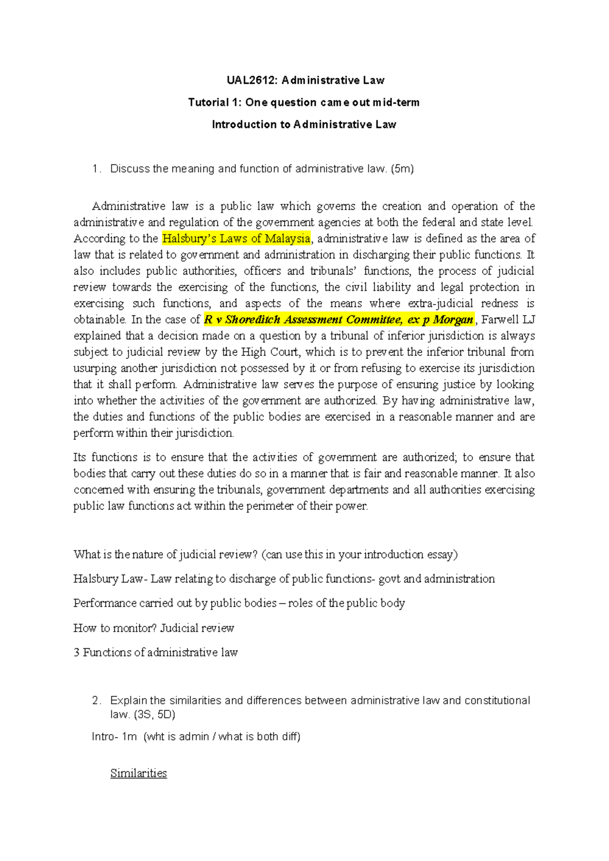 Tutorial 1 Admin Law - good to refer - UAL2612: Administrative Law Tutorial 1: One question came ...