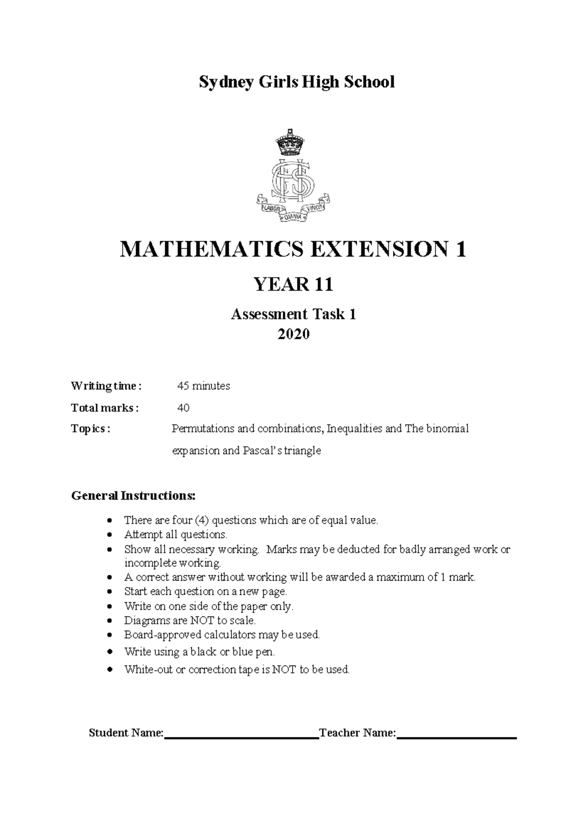 2020 Year 11 Extension Task 1 - Sydney Girls High School MATHEMATICS ...