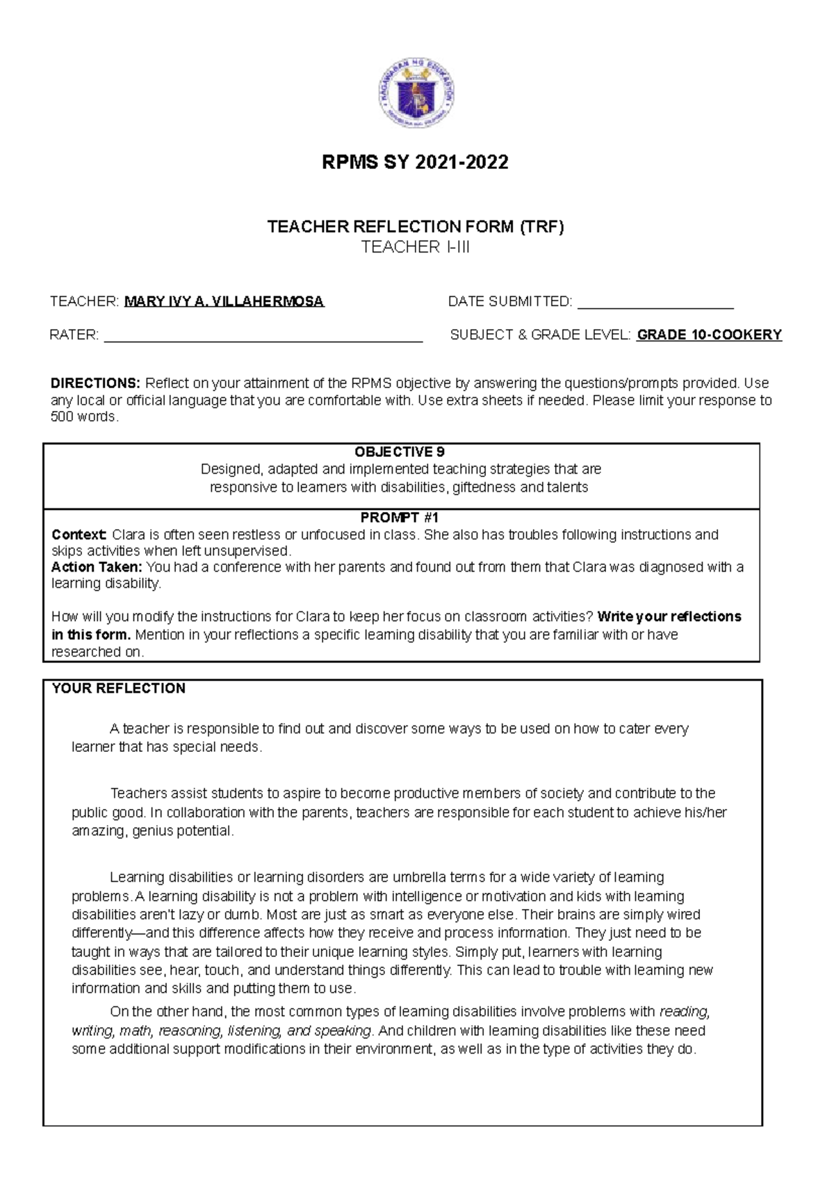 TRF-MOVS-FOR- Objective-9 IVY - TEACHER REFLECTION FORM (TRF) TEACHER I ...