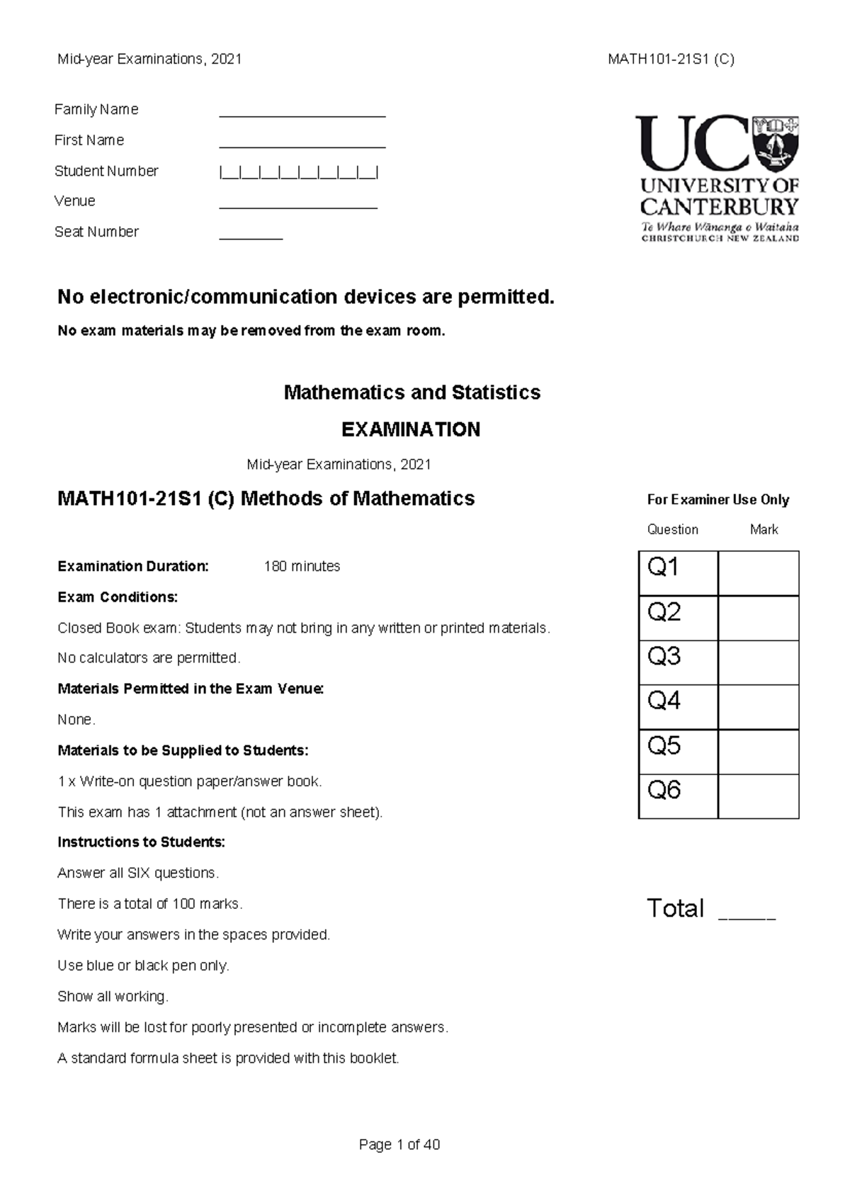 MATH101 21S1 Methods of Mathematics final - Page 1 of 40 No electronic ...