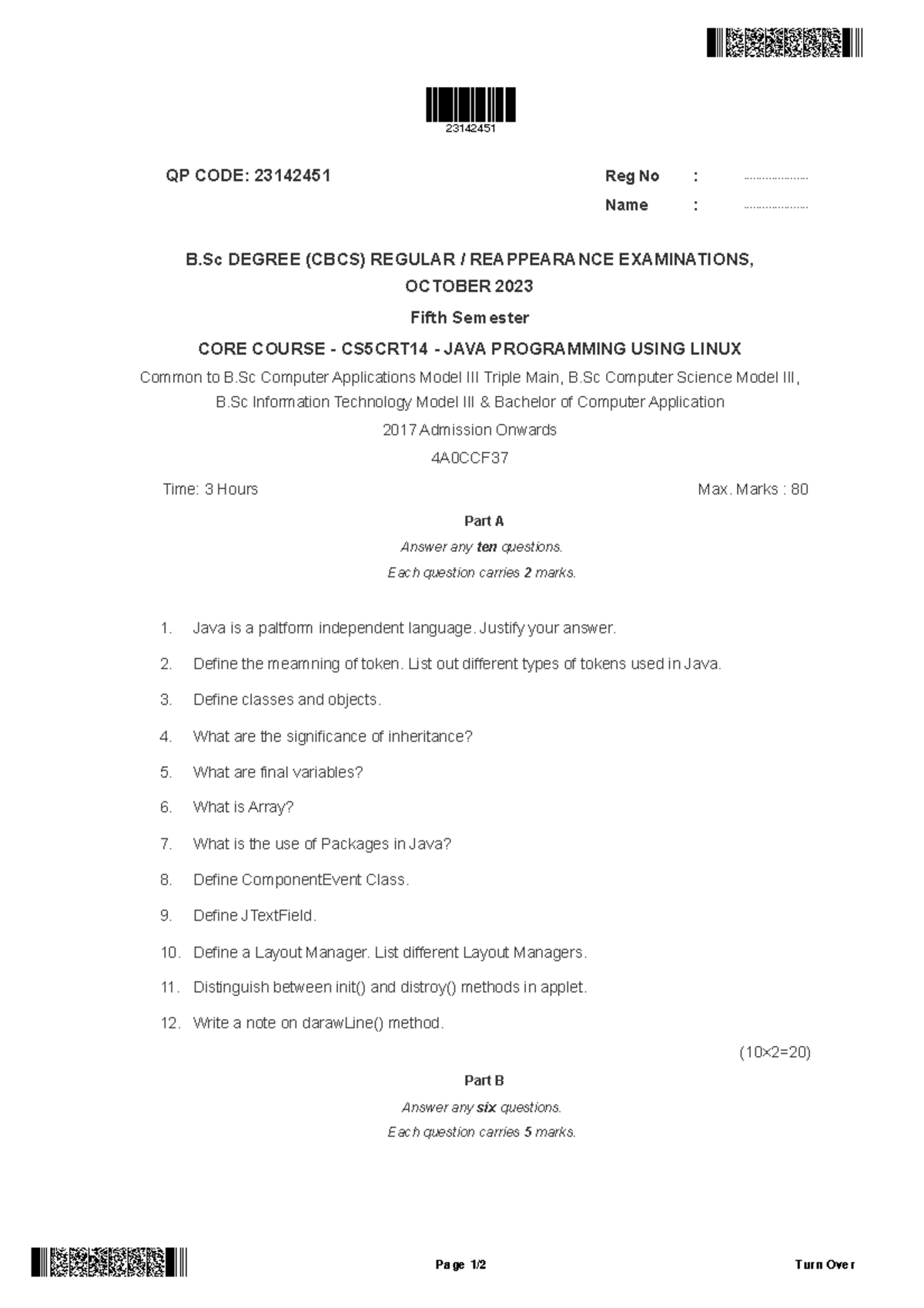 BCA5JPUL 2023 OCT JAVA Programming Using Linux - QP CODE: 23142451 Reg No ...