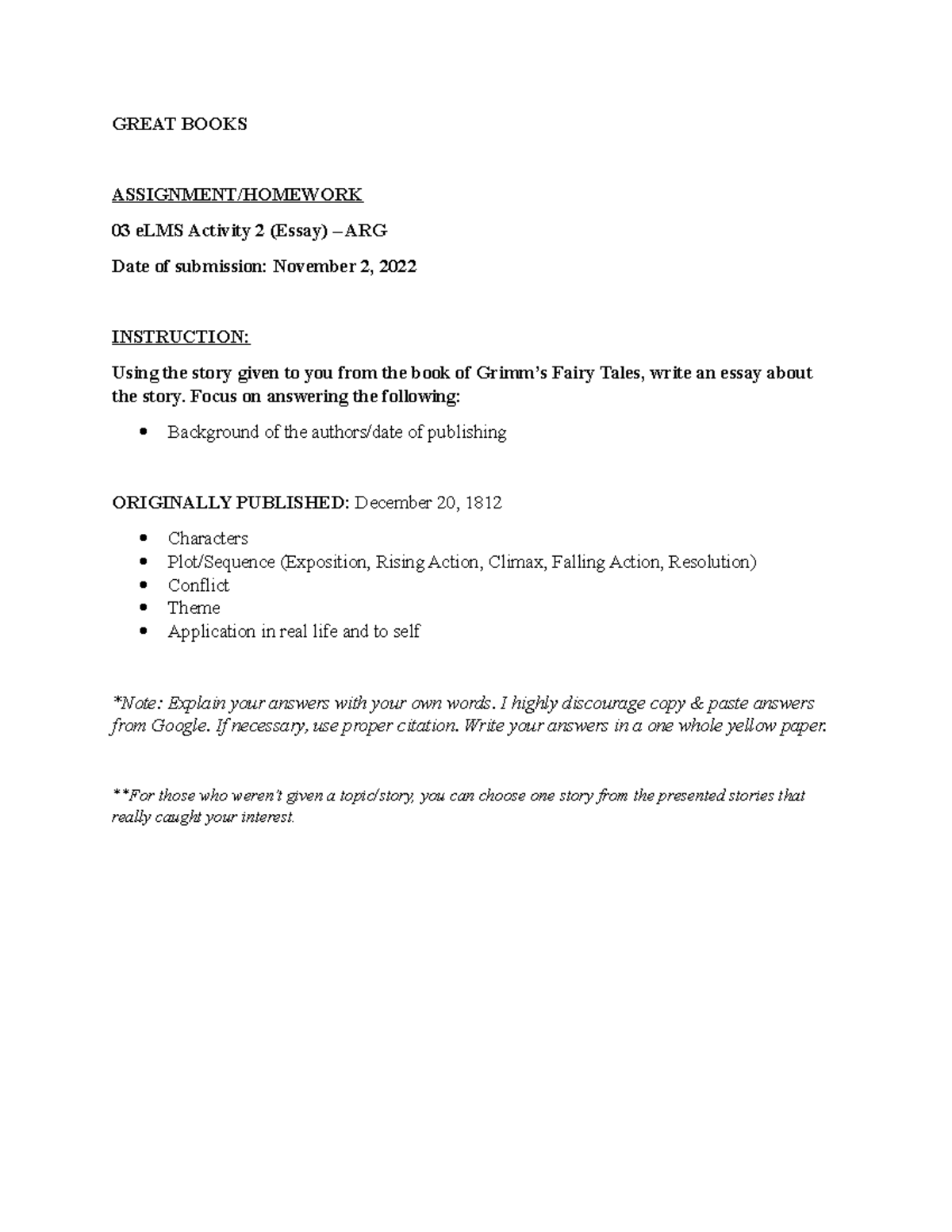 Great Books Assignment Oct - GREAT BOOKS ASSIGNMENT/HOMEWORK 03 eLMS ...