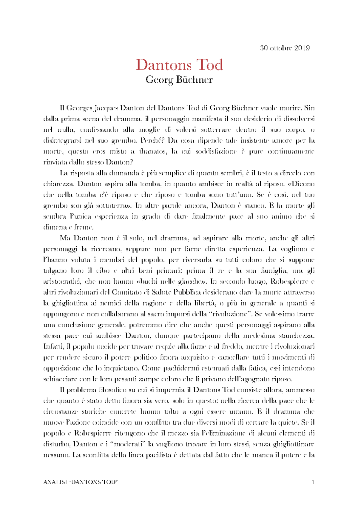 Dantons Tod - analisi - 30 ottobre 2019 Dantons Tod Georg Büchner Il ...