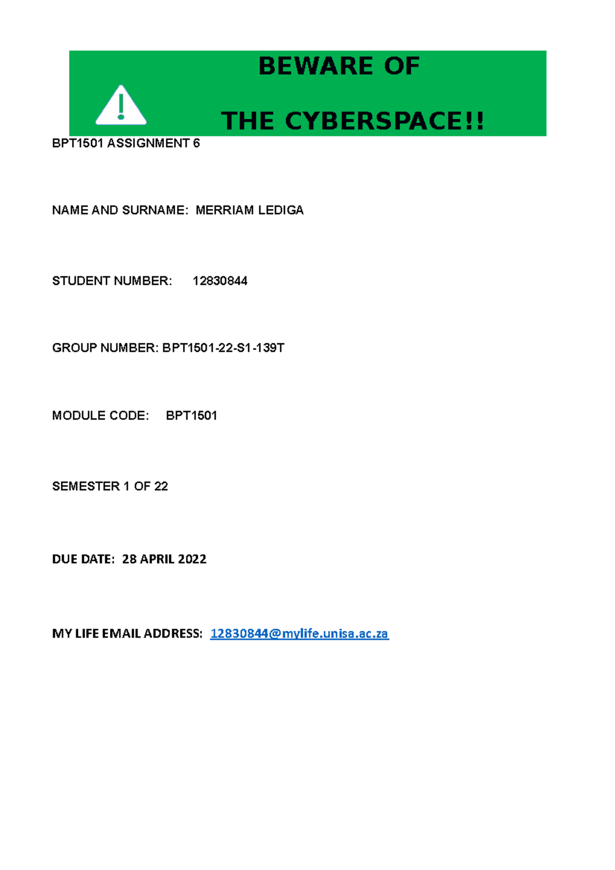 Bptassignment 6 - Assessment 6 - BPT1501 ASSIGNMENT 6 NAME AND SURNAME ...