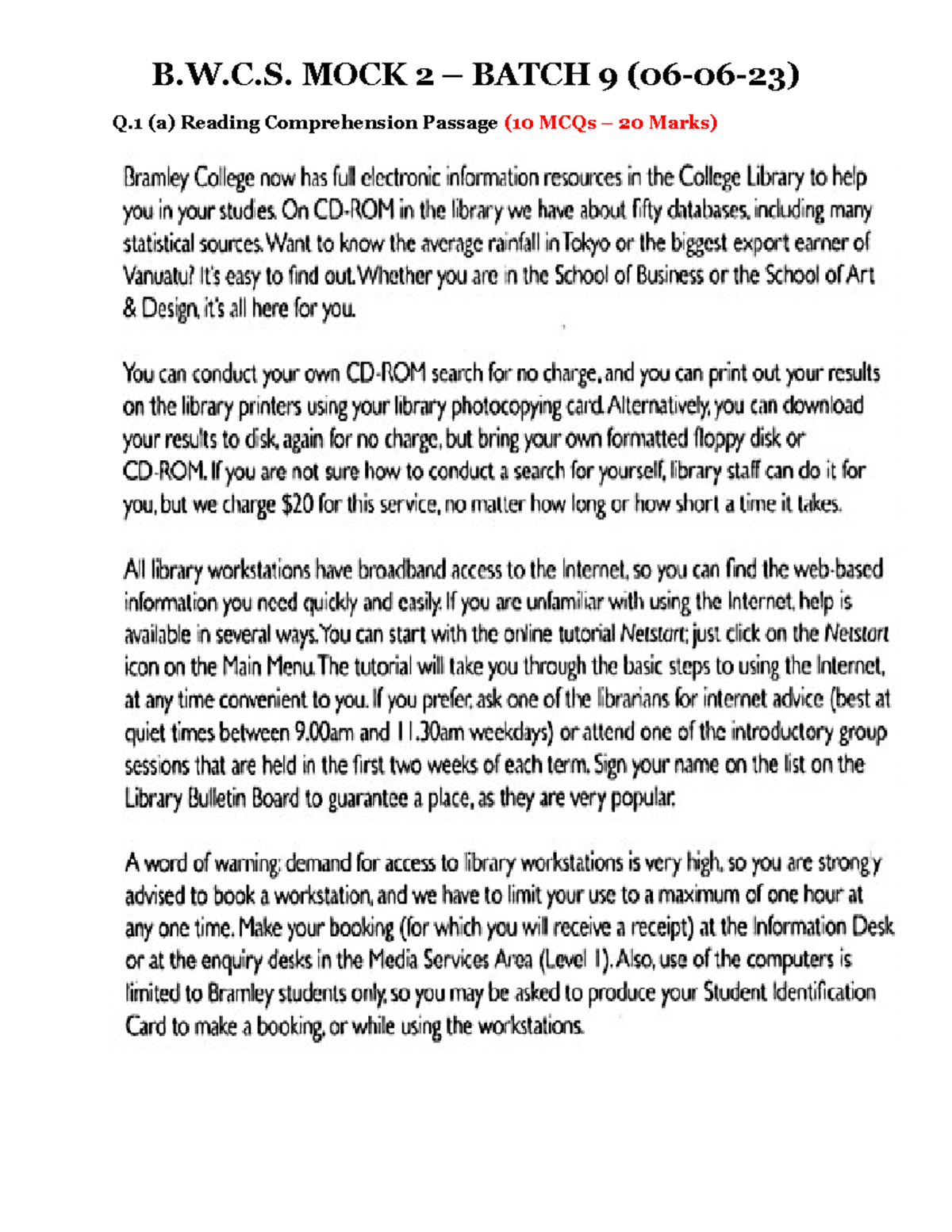 MOCK2-Batch 9-09-06-23 QP - Q (a) Reading Comprehension Passage (10 ...