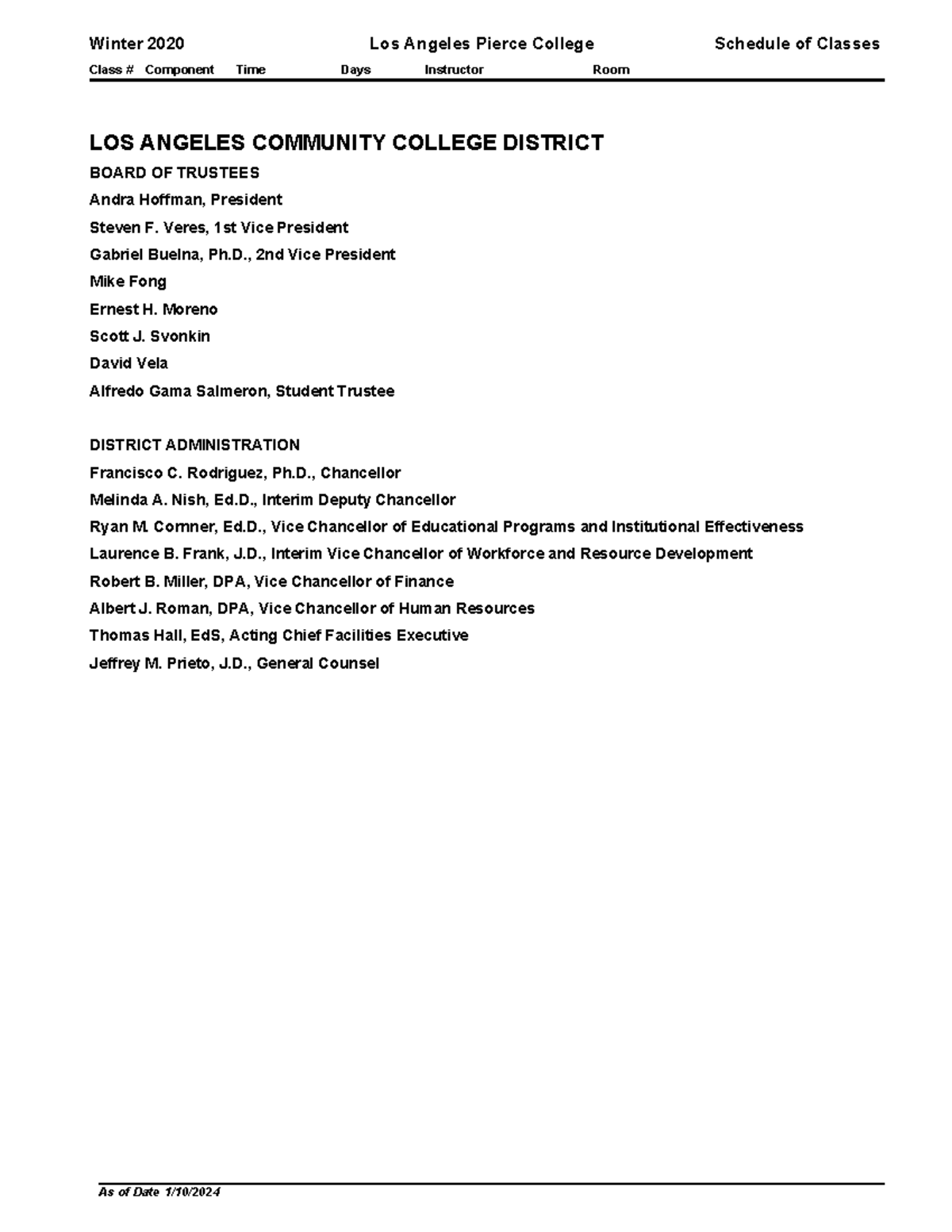 LAPC Schedule of Classes Winter 2020 - Class # Component Time Days ...