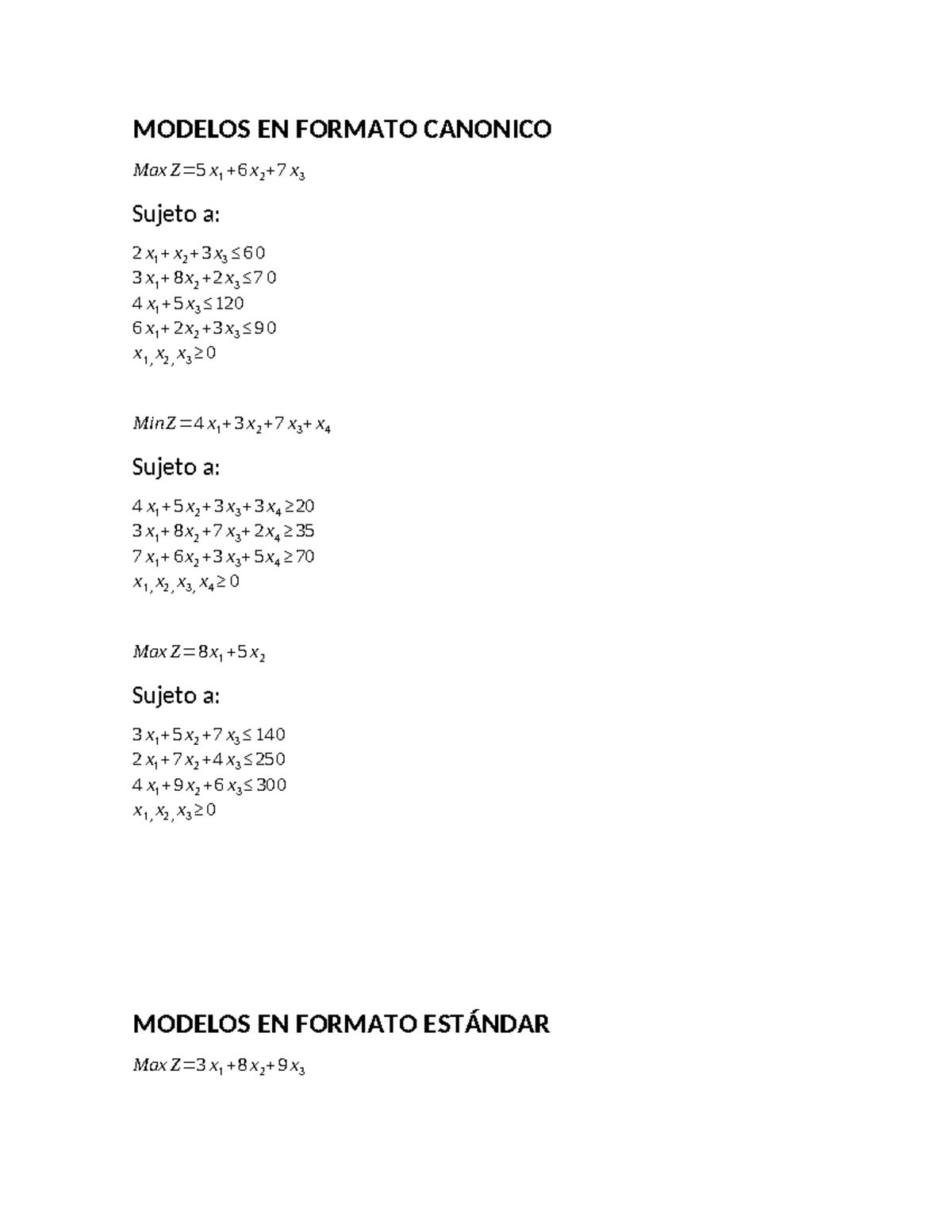 Modelos DE PL EN Diferentes Formatos - MODELOS EN FORMATO CANONICO Max ...