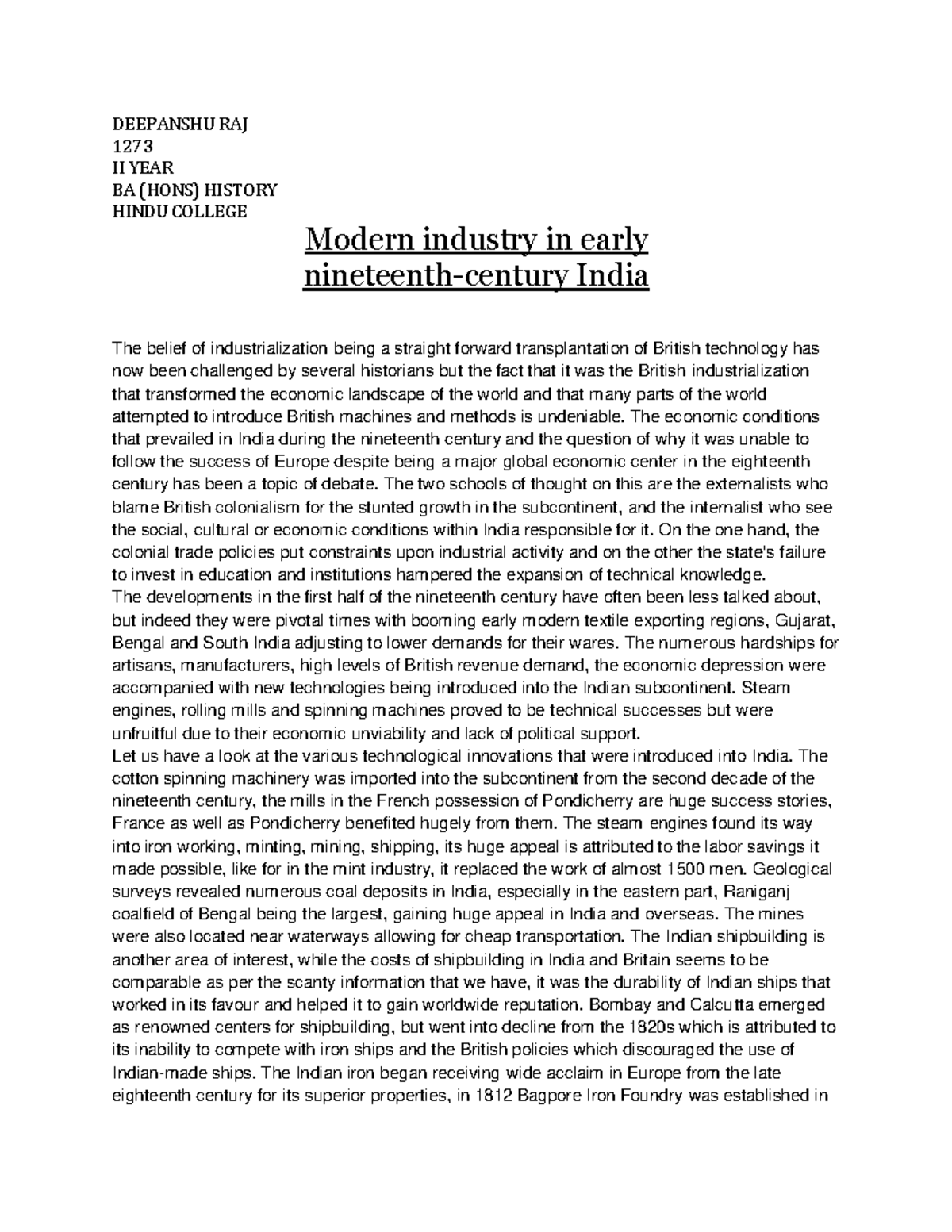 Deepanshu RAJ 1273 - Rise of modern west Analysis of Indian and ...