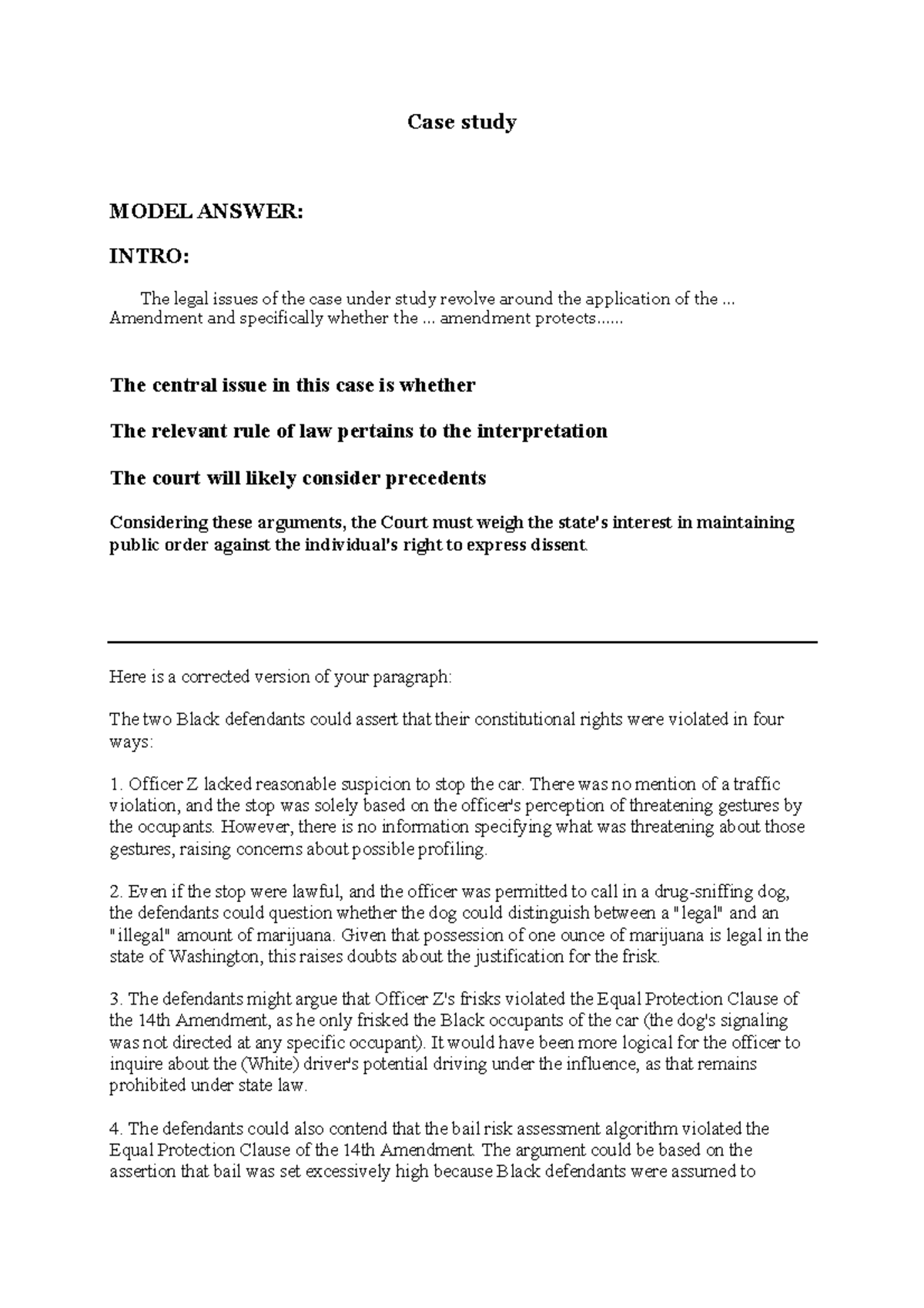 Case study partiel - Case study MODEL ANSWER: INTRO: The legal issues ...
