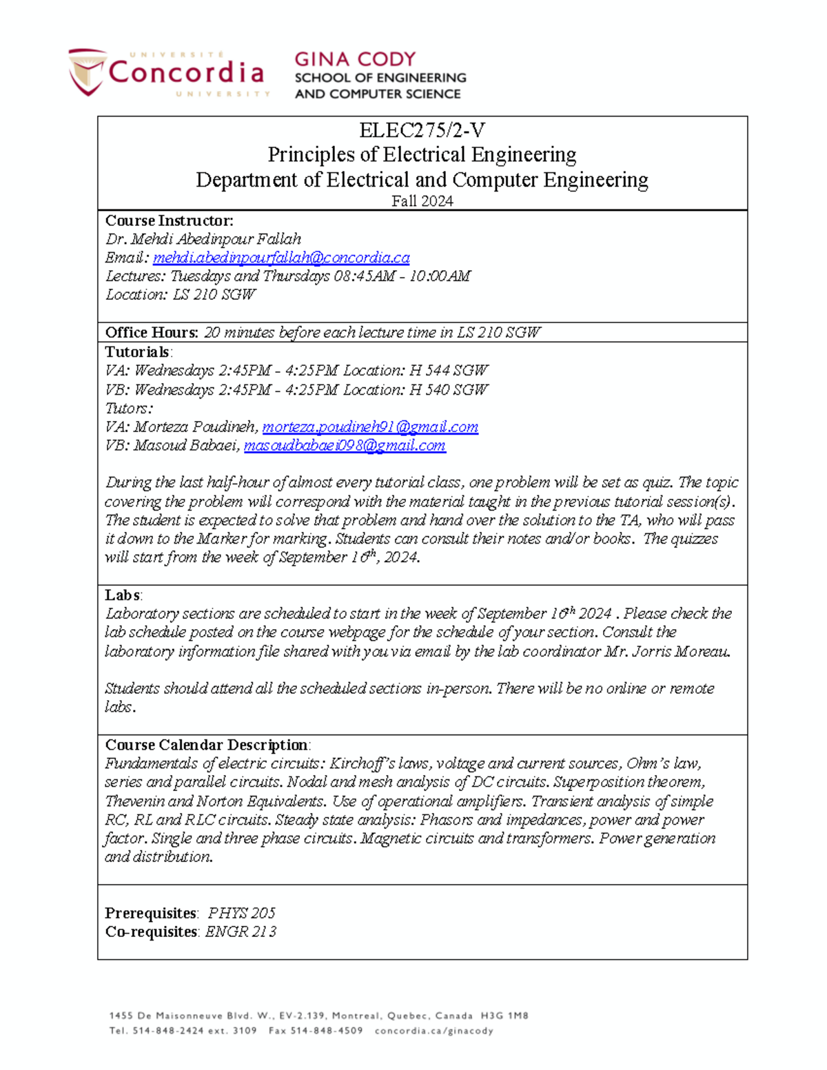 ELEC275 Course Outline Fall2024 - ELEC275/2-V Principles of Electrical ...