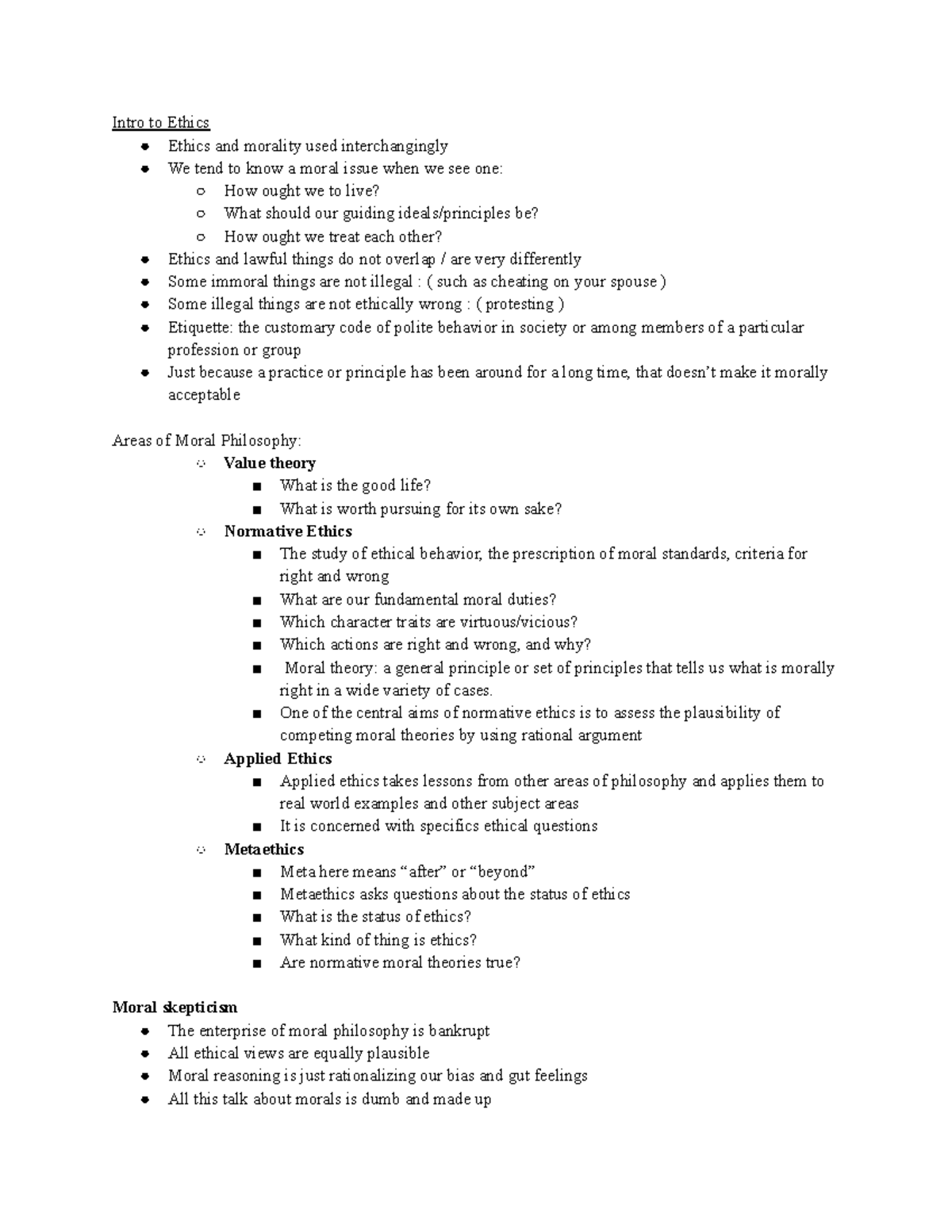 Untitled document-4 - Areas of morality notes - Intro to Ethics Ethics ...