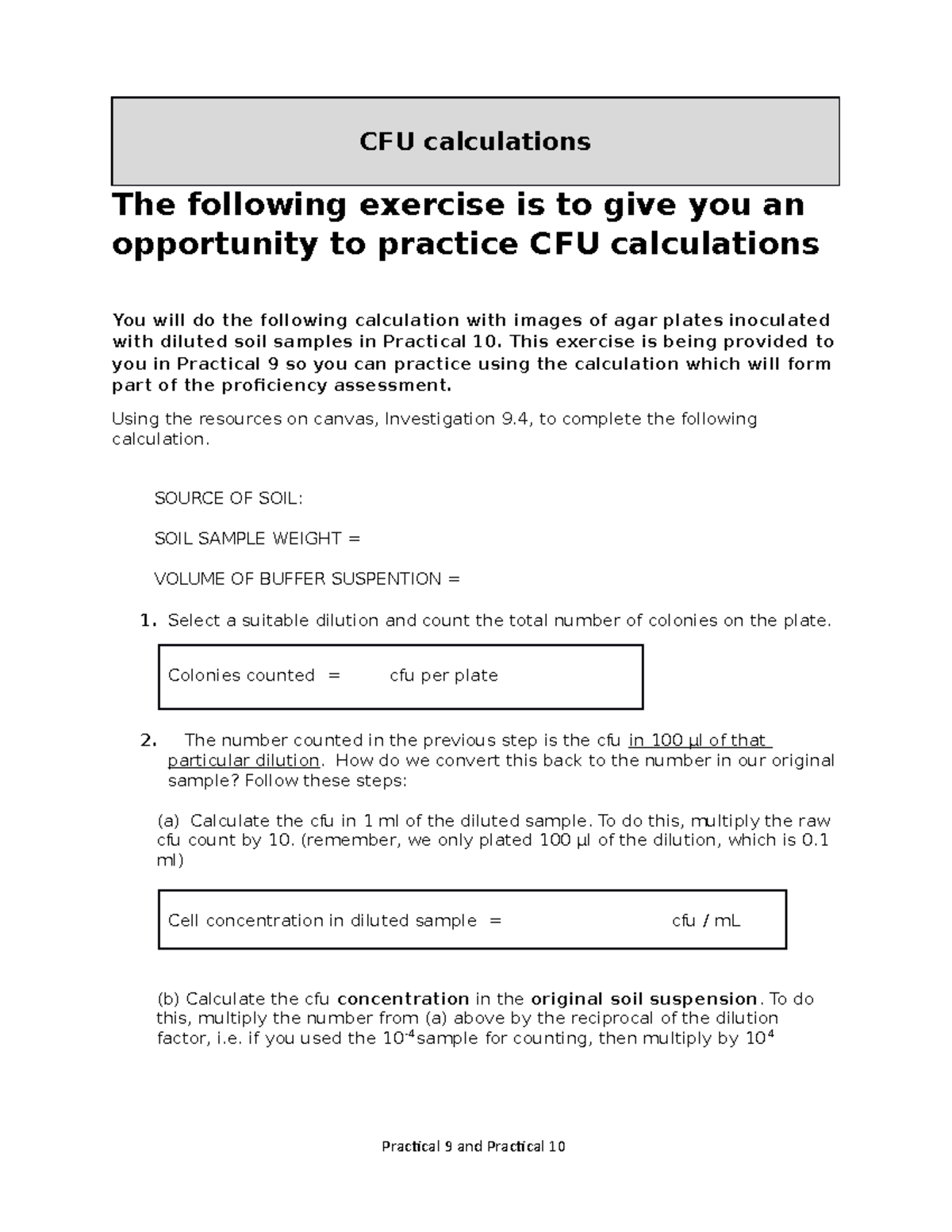 CFU Calculations Worksheet for BIOL1007 2020 - CFU calculations The ...