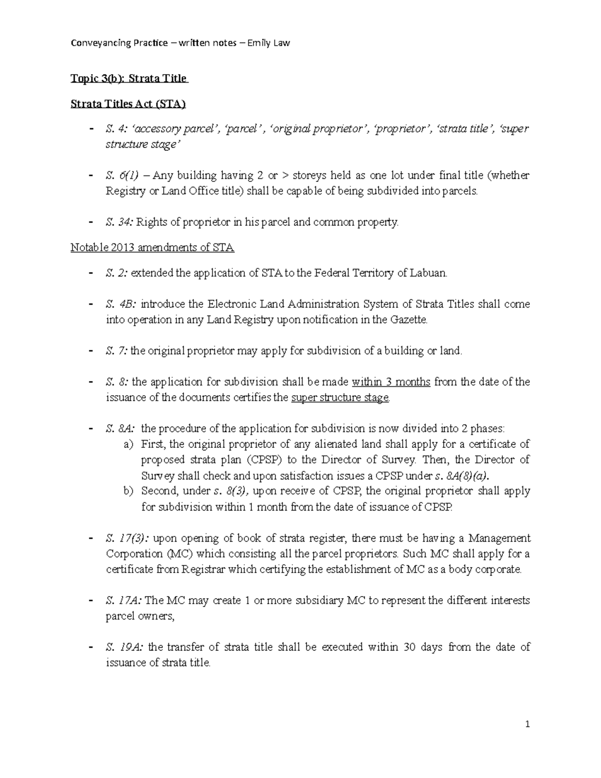 Written Notes Topic 3b - Topic 3(b): Strata Title Strata Titles Act ...