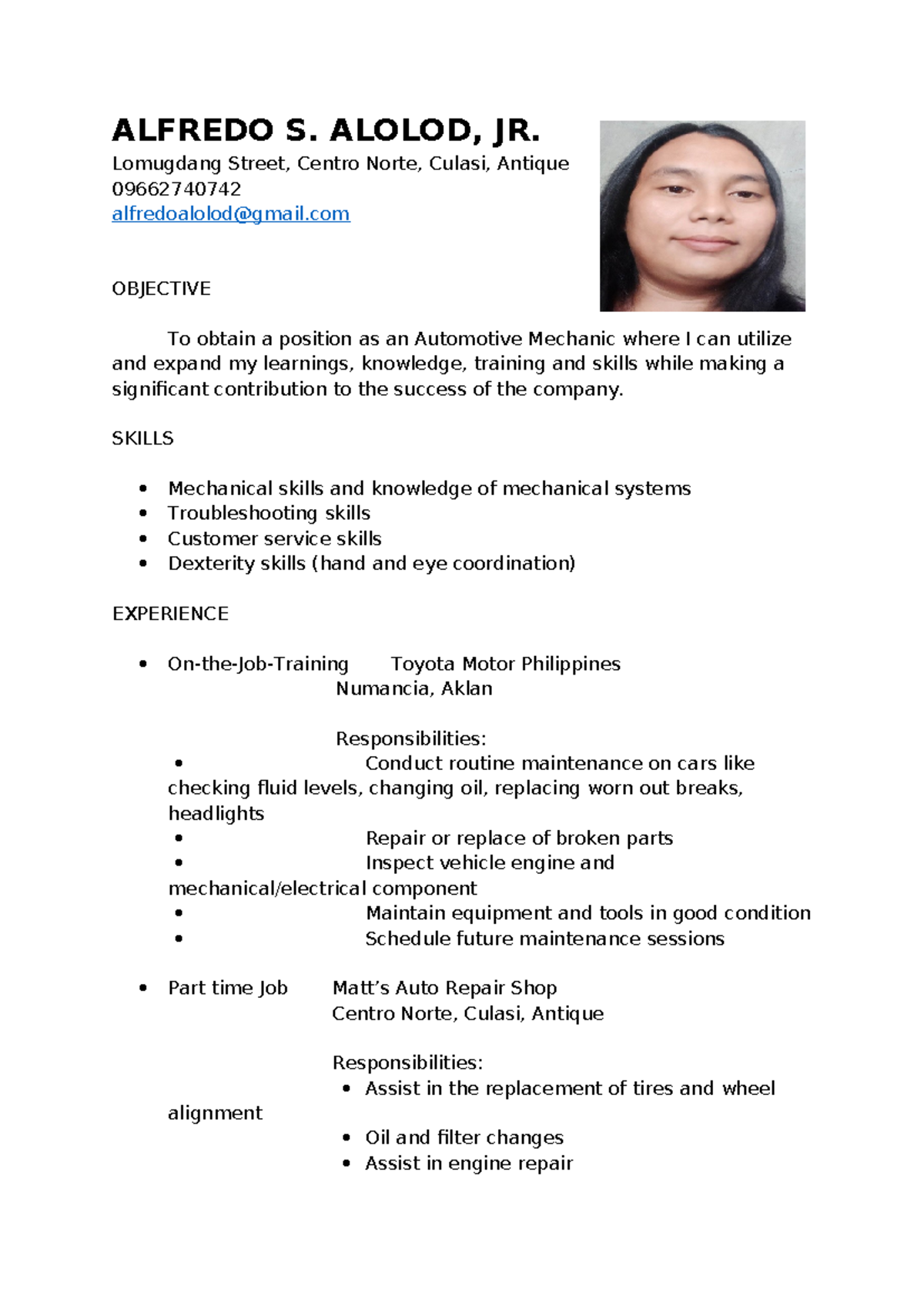 JR Resume and application letter - ALFREDO S. ALOLOD, JR. Lomugdang Street, Centro Norte, Culasi ...