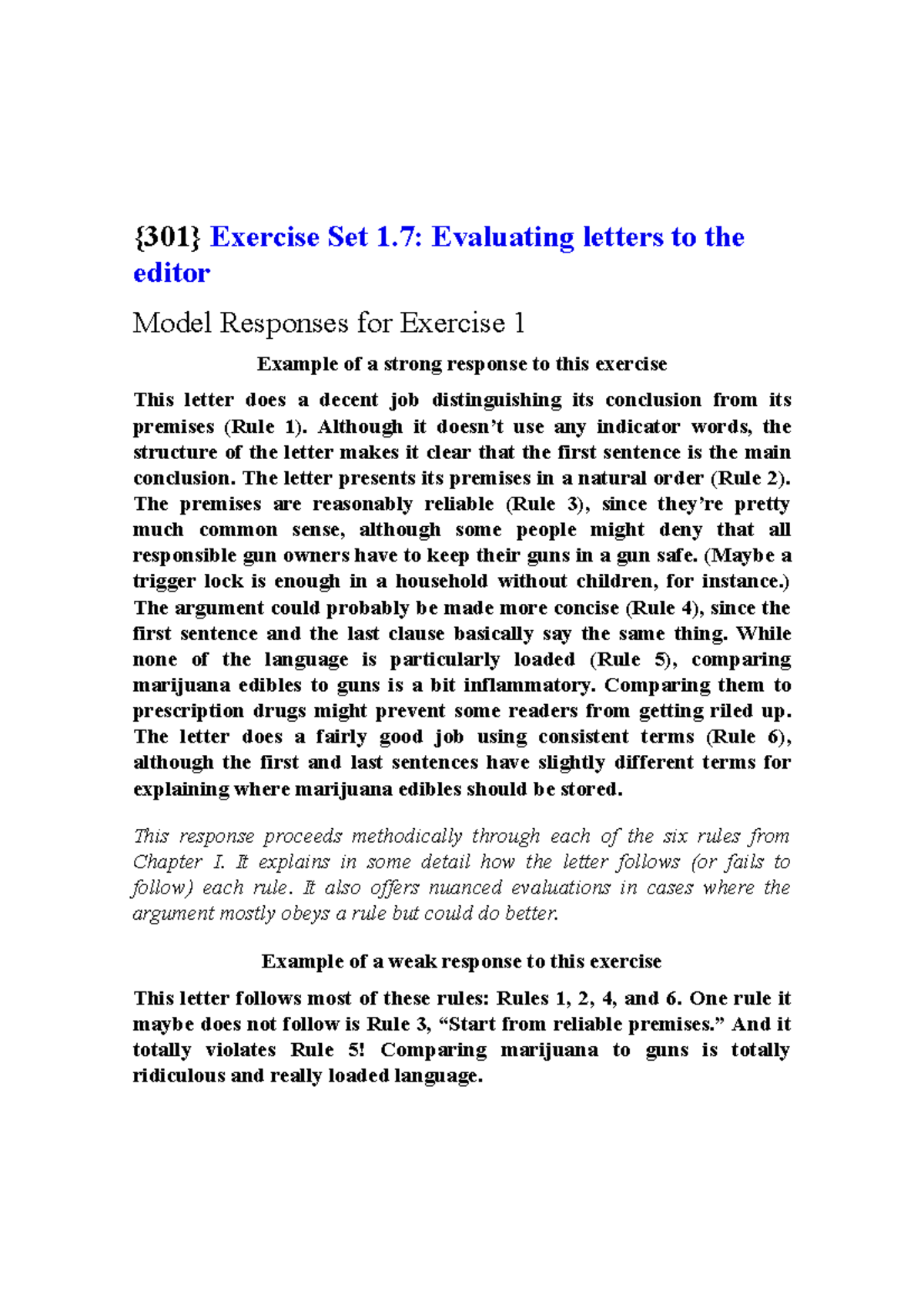 Answers 6 - { 301 } Exercise Set 1. 7 : Evaluating letters to the editor Model Responses for ...