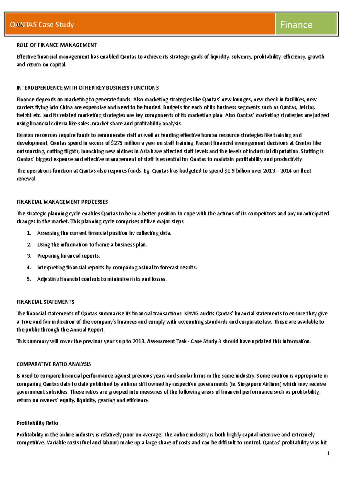 Case Study - Qantas Finance - ROLE OF FINANCE MANAGEMENT Effective ...
