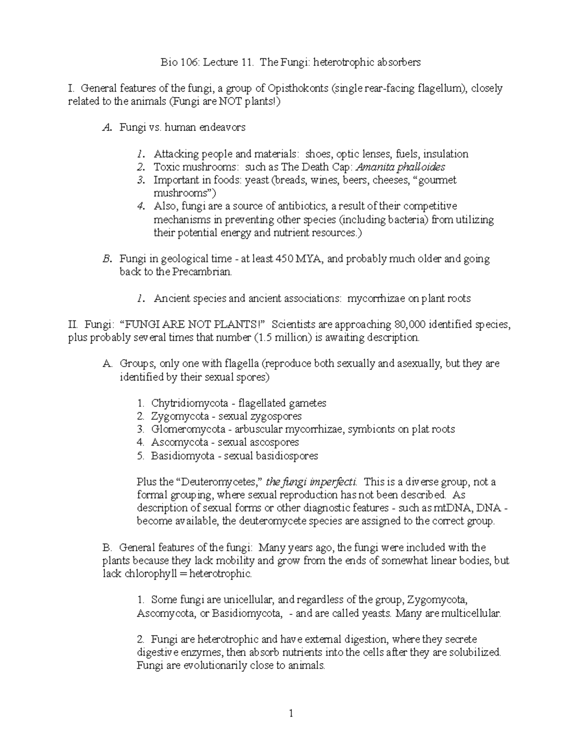 Lecture 11, Outline - notes - Bio 106: Lecture 11. The Fungi ...