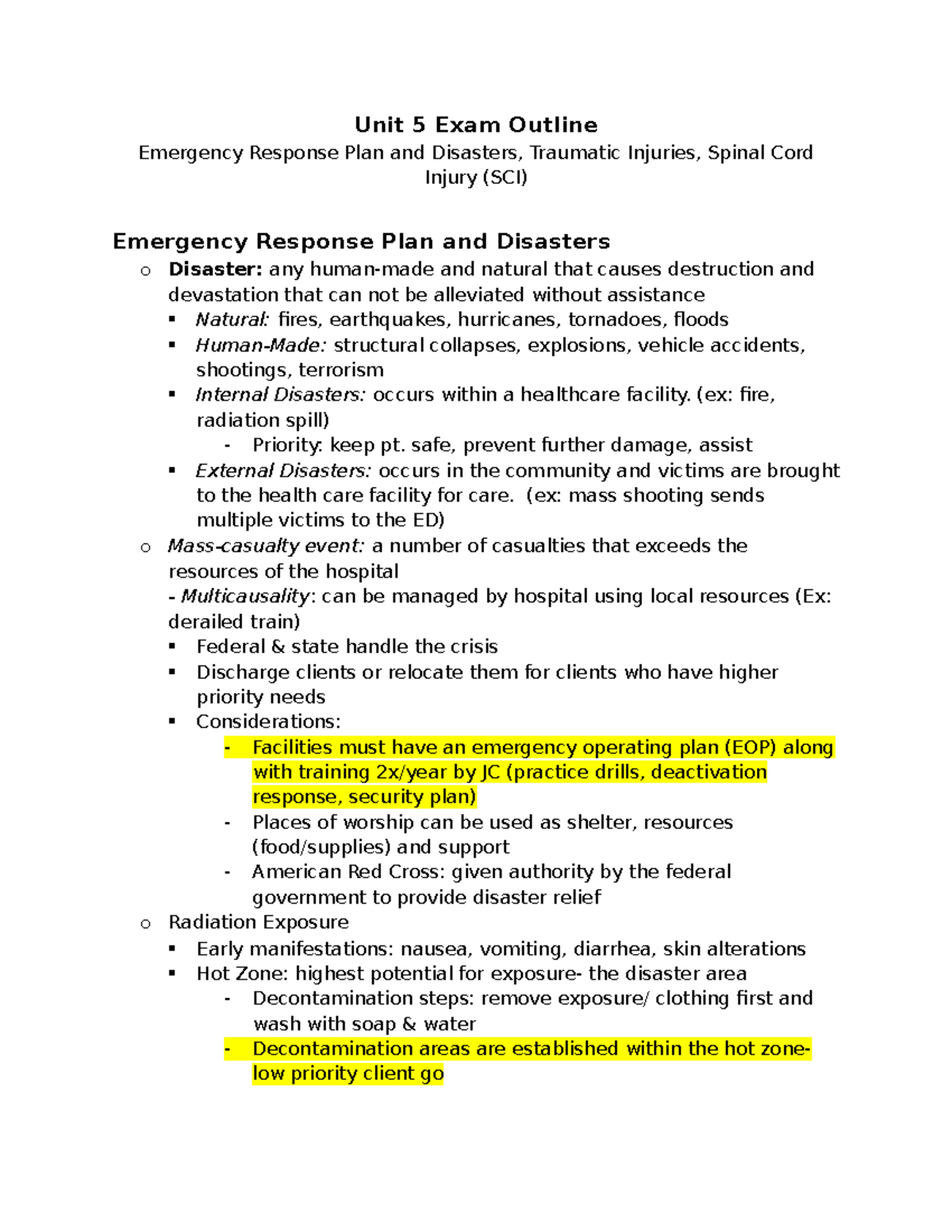 BM Unit 5 Exam Outline Nur 213 - Unit 5 Exam Outline Emergency Response ...