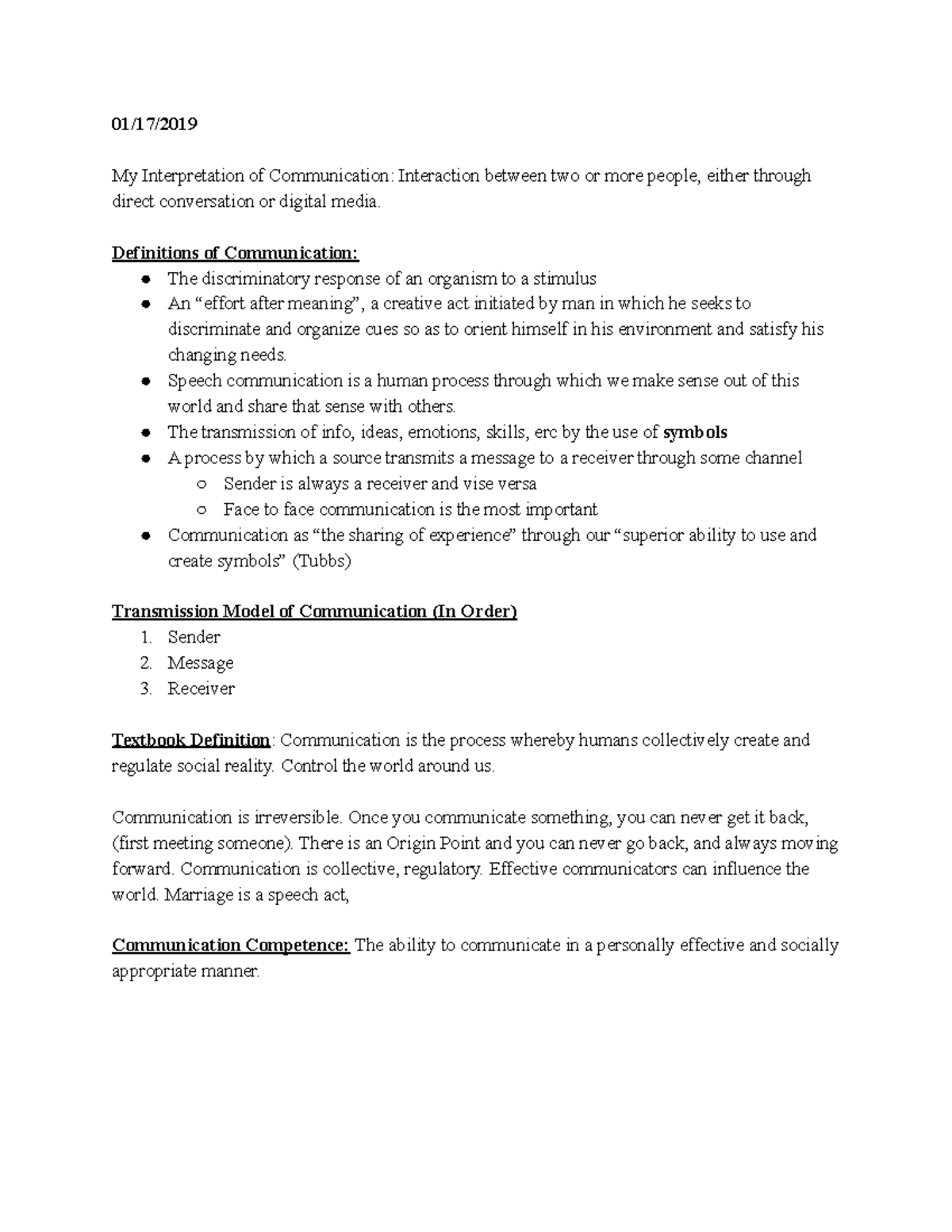 Comm 102 Lecture Notes Chapter 1; Communication Competence - 01/17/ My ...