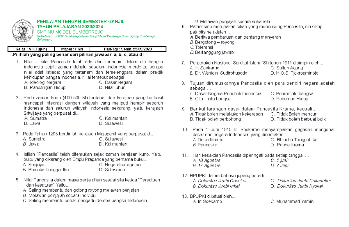 SOAL PTS 1 PKN VII - SEMUA BISA - PENILAIAN TENGAH SEMESTER GANJIL TAHUN PELAJARAN 2023/ SMP NU ...