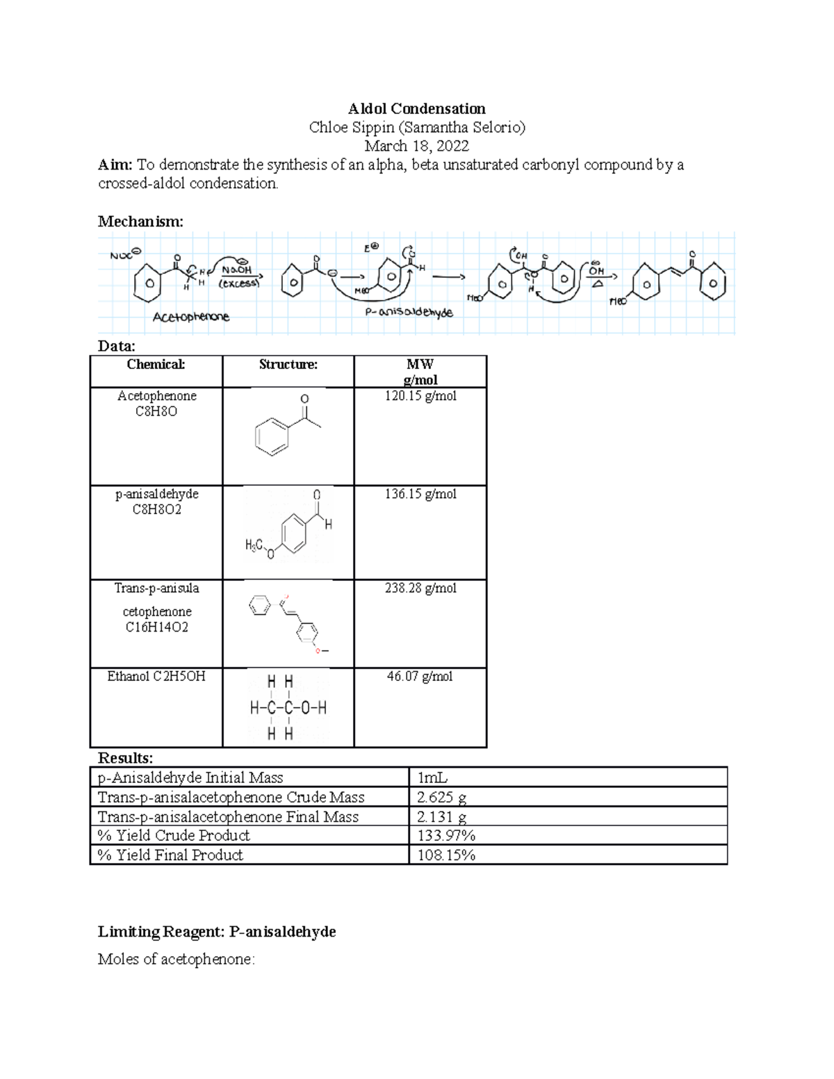 Aldol condensation lab report - Aldol Condensation Chloe Sippin ...