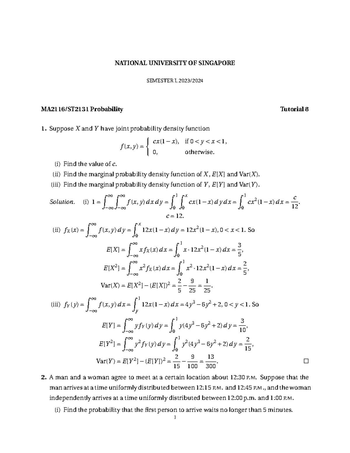 Probability-Solution 08 - NATIONAL UNIVERSITY OF SINGAPORE SEMESTER I ...