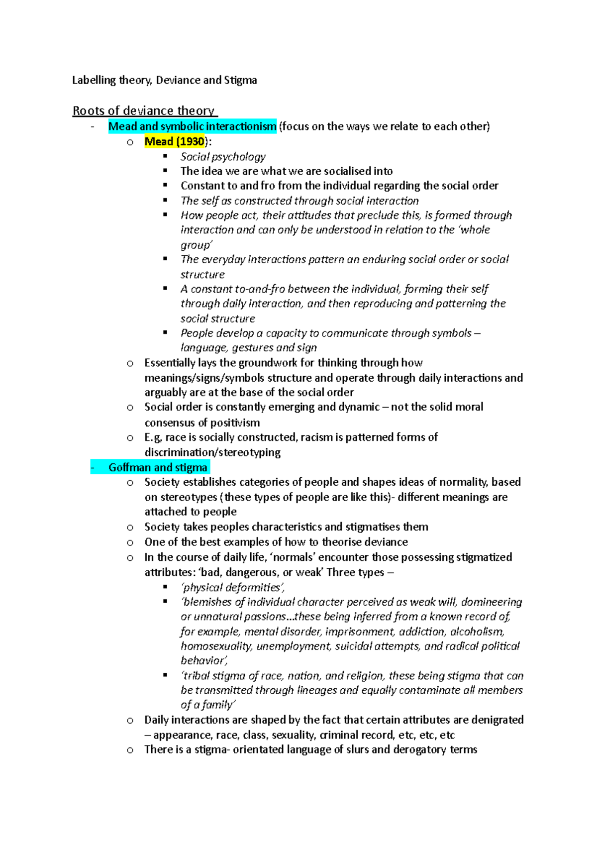 Lecture 5 - Notes - Labelling theory, Deviance and Stigma Roots of ...