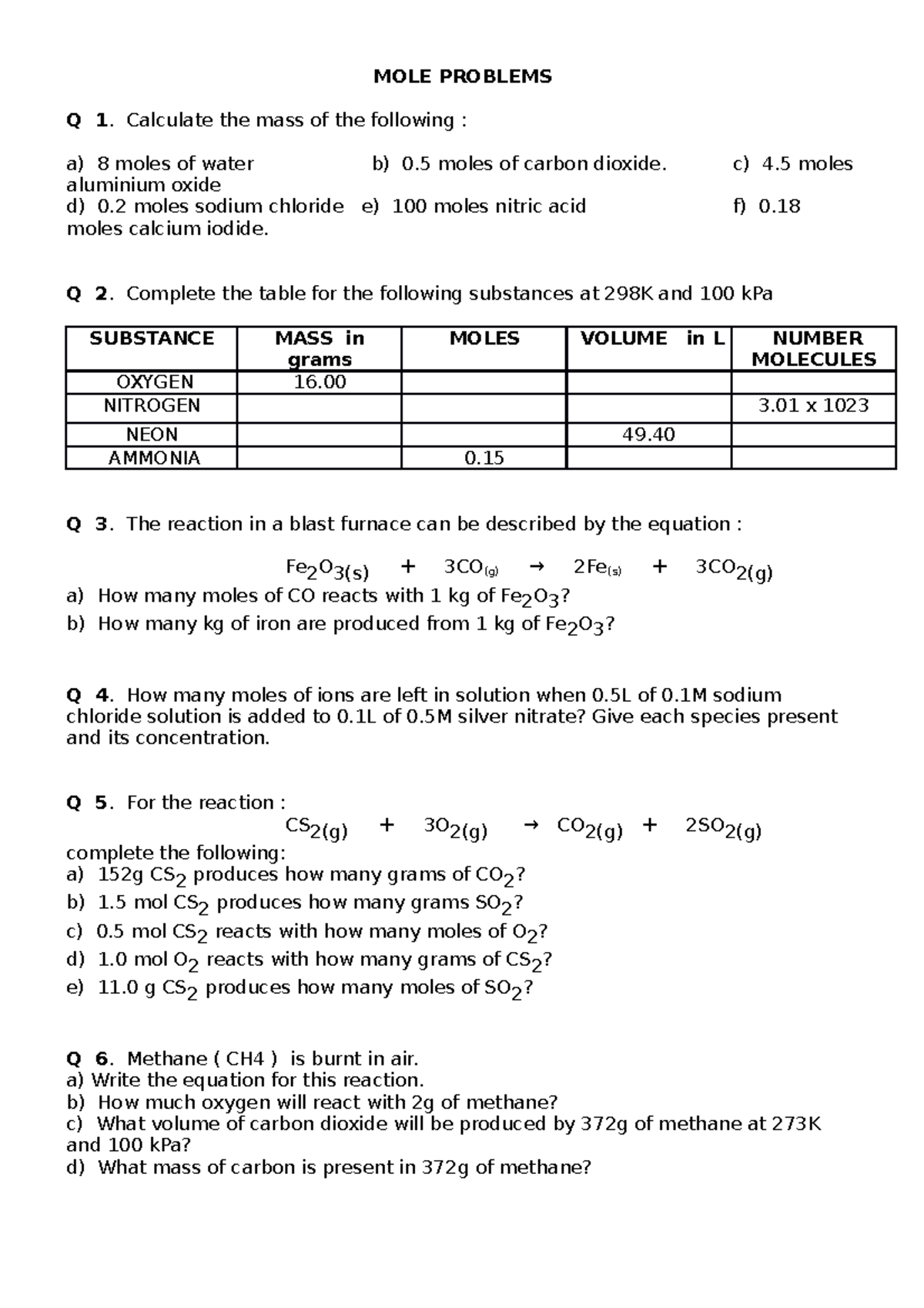 CH MOLE Problems - notes - MOLE PROBLEMS Q 1. Calculate the mass of the ...