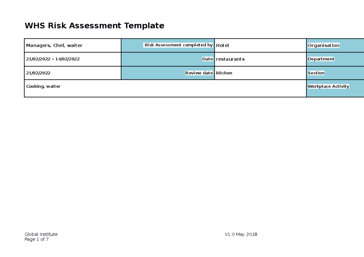 Risk Assessment Template Situation 1 - WHS Risk Assessment Template ...