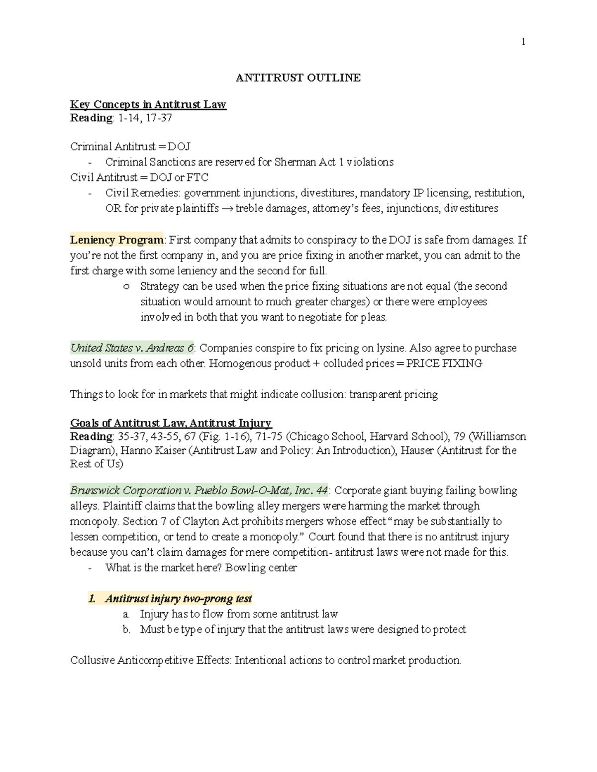 Antitrust Outline - Law - ANTITRUST OUTLINE Key Concepts in Antitrust ...