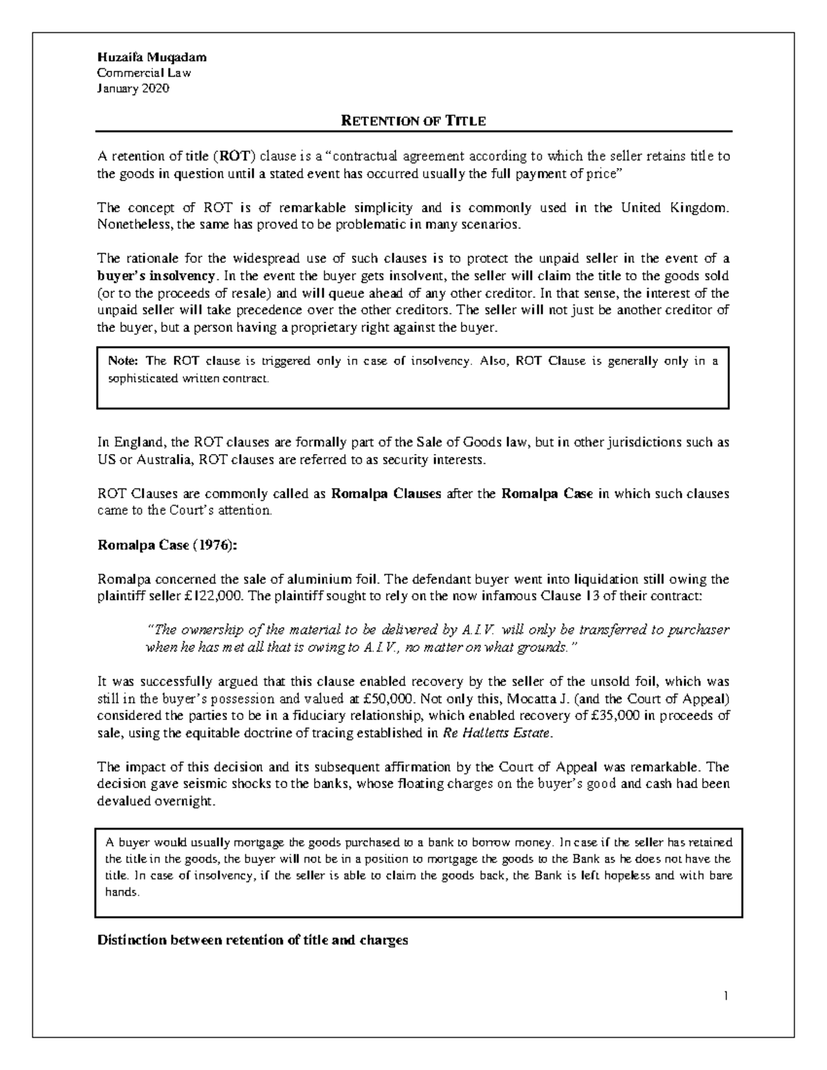Lecture 6 Retention of Title - Commercial Law January 2020 A buyer ...