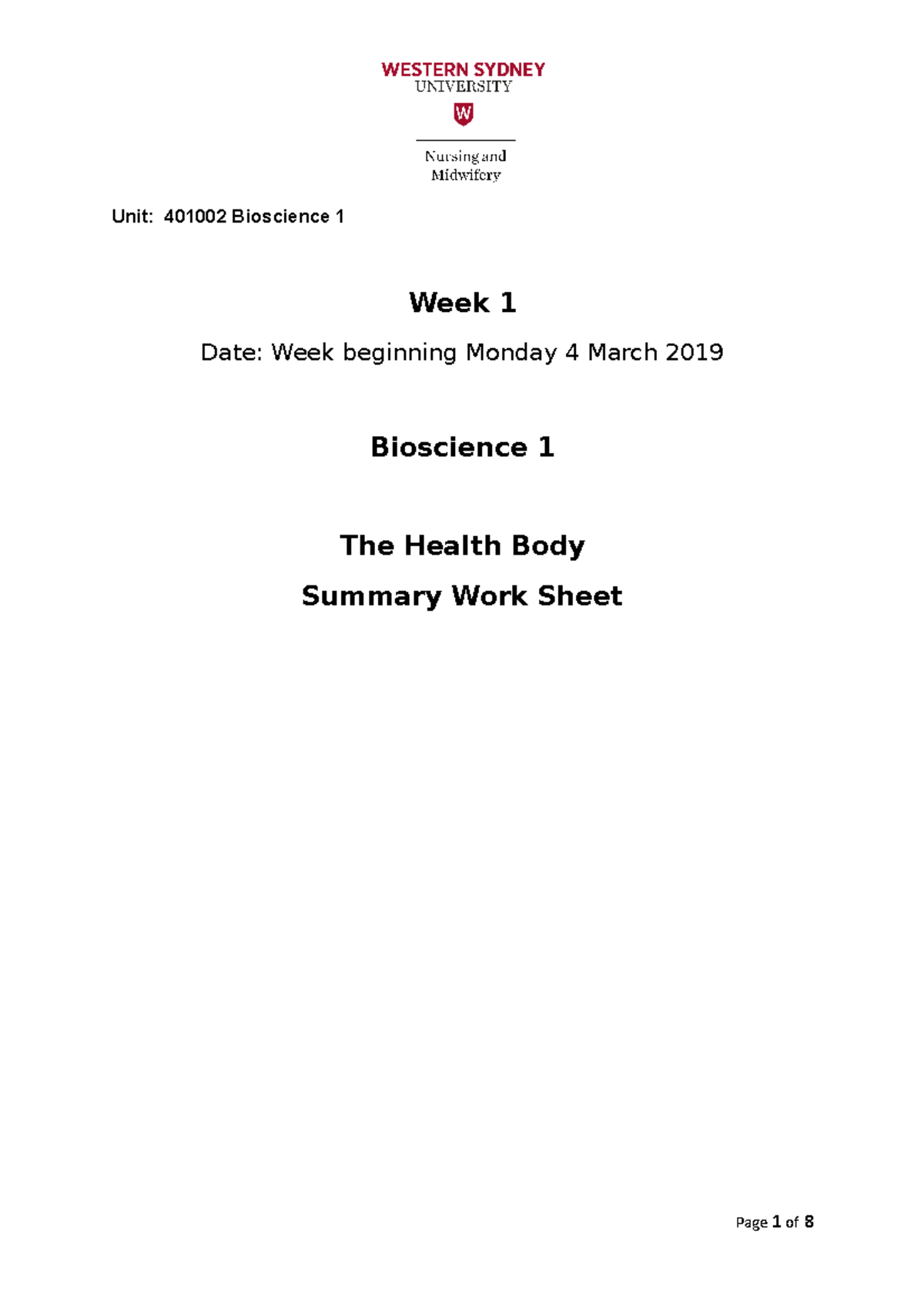 Week 1 worksheet - Lecture notes bioscience - Unit: 401002 Bioscience 1 ...