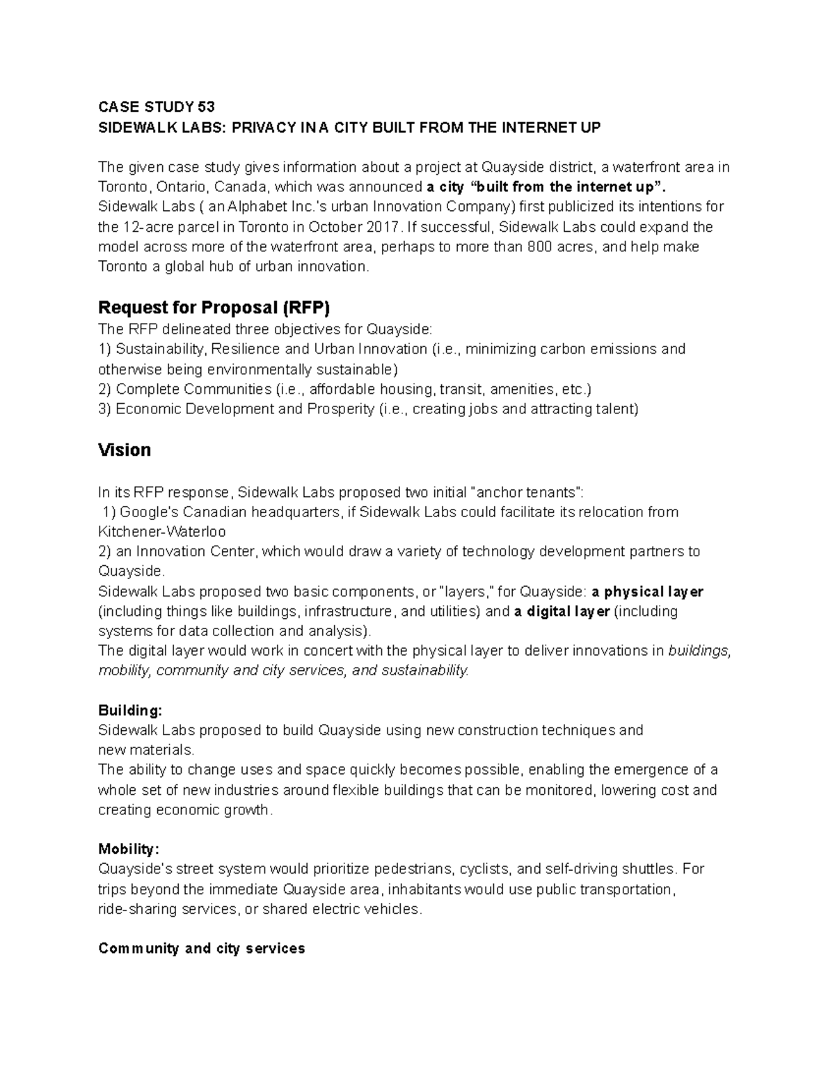 Micro case study 53-Slidewalk - CASE STUDY 53 SIDEWALK LABS: PRIVACY IN ...