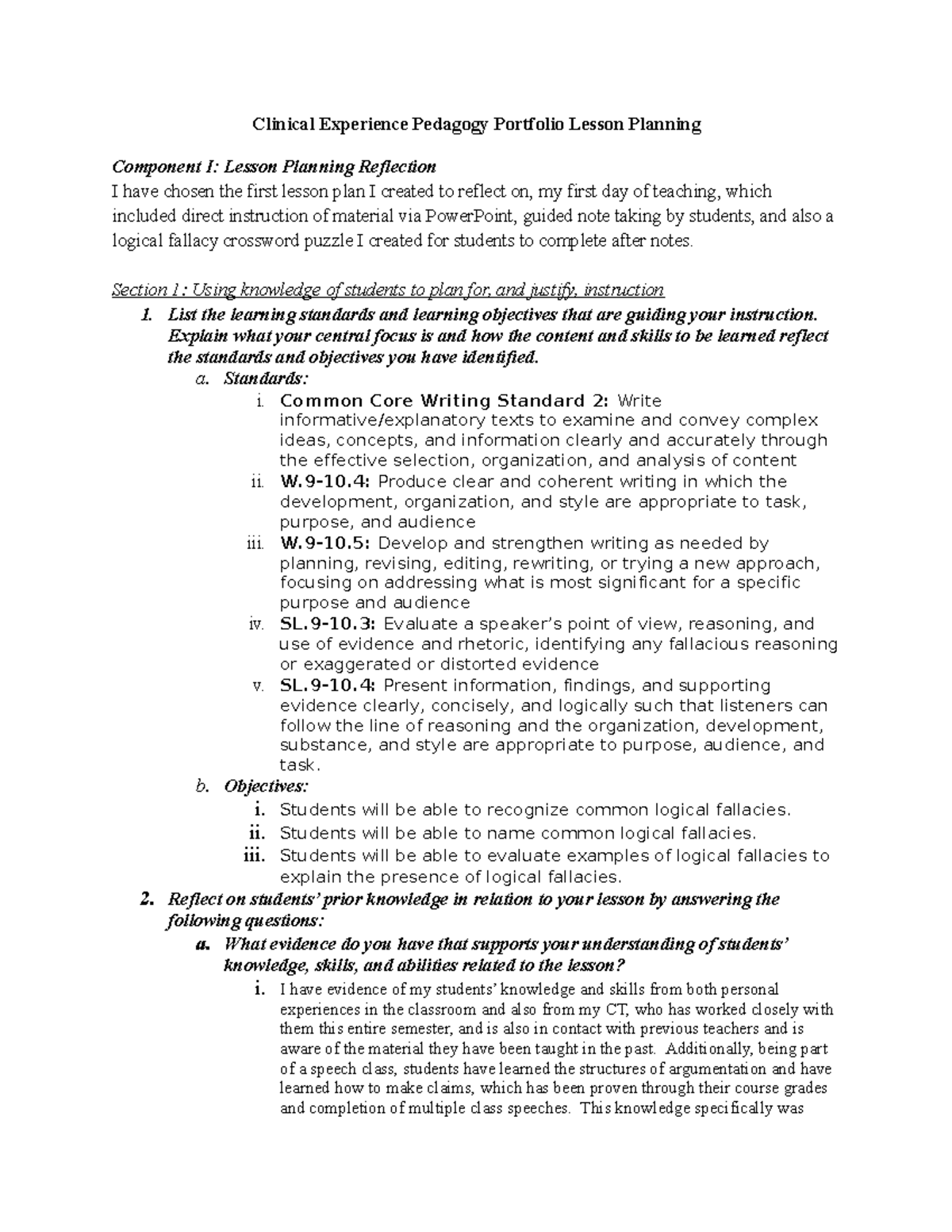Clinical Experience Pedagogy Portfolio Lesson Planning - Section 1 ...
