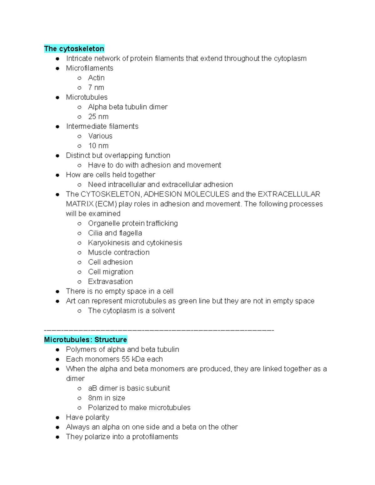 Cell Bio Week 5 - Lecture notes - The cytoskeleton Intricate network of ...