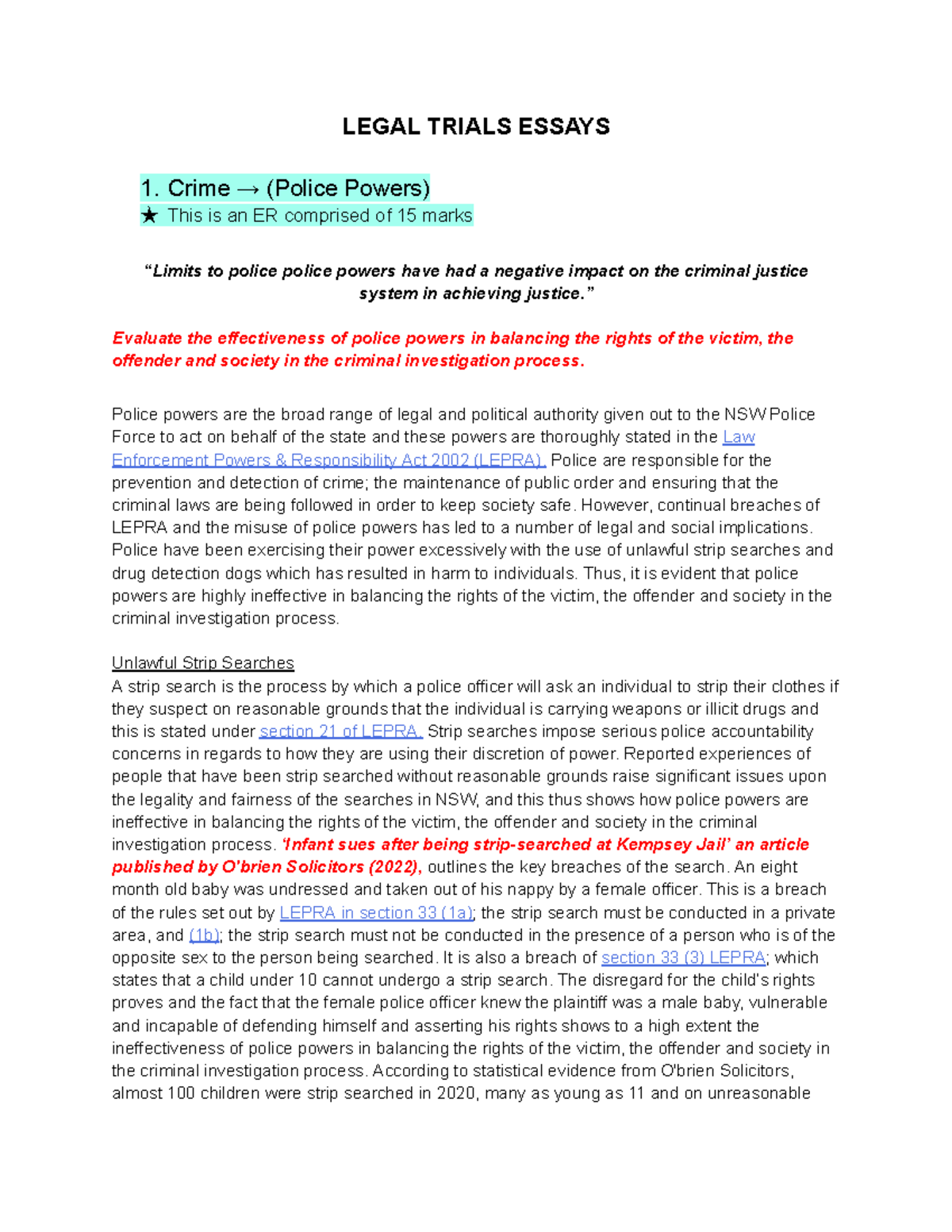 Essays For HSC >> - LEGAL TRIALS ESSAYS 1. Crime → (Police Powers ...