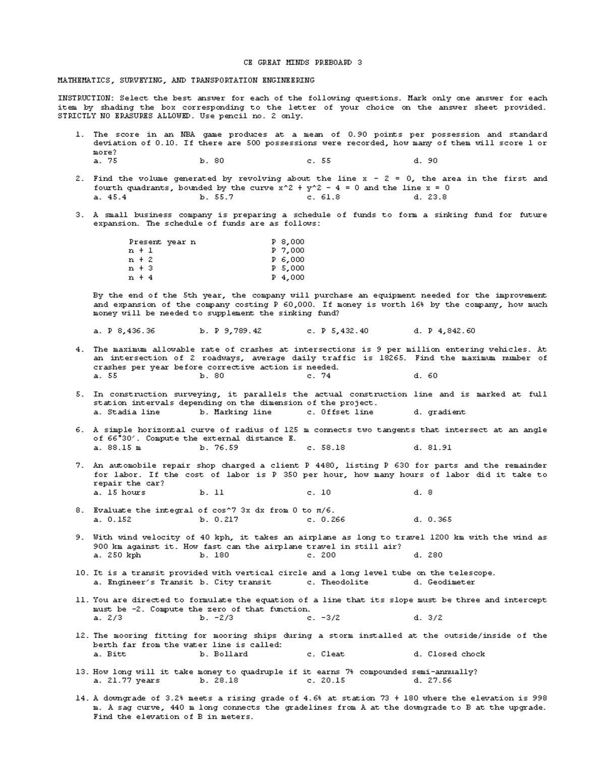 Preboard-3 - Pre boards - CE GREAT MINDS PREBOARD 3 MATHEMATICS, SURVEYING, AND TRANSPORTATION ...