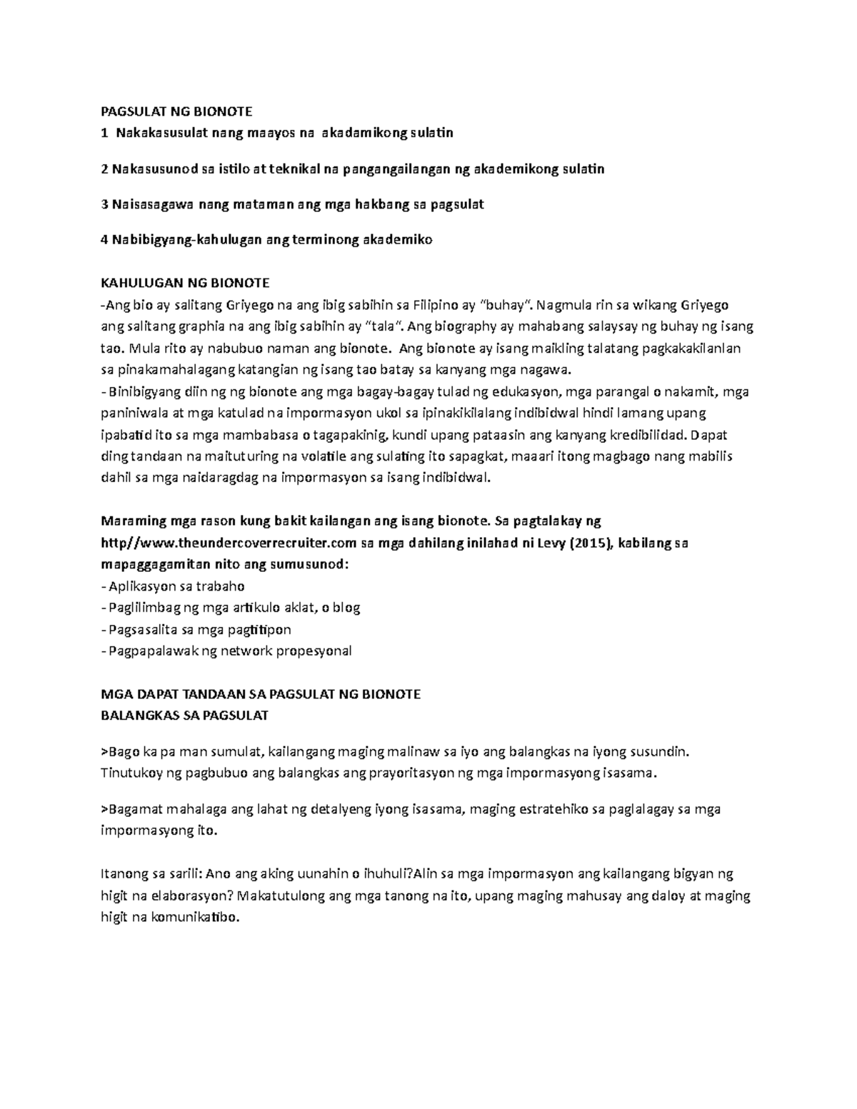 Filipino- Bionote- Lesson - PAGSULAT NG BIONOTE 1 Nakakasusulat nang ...