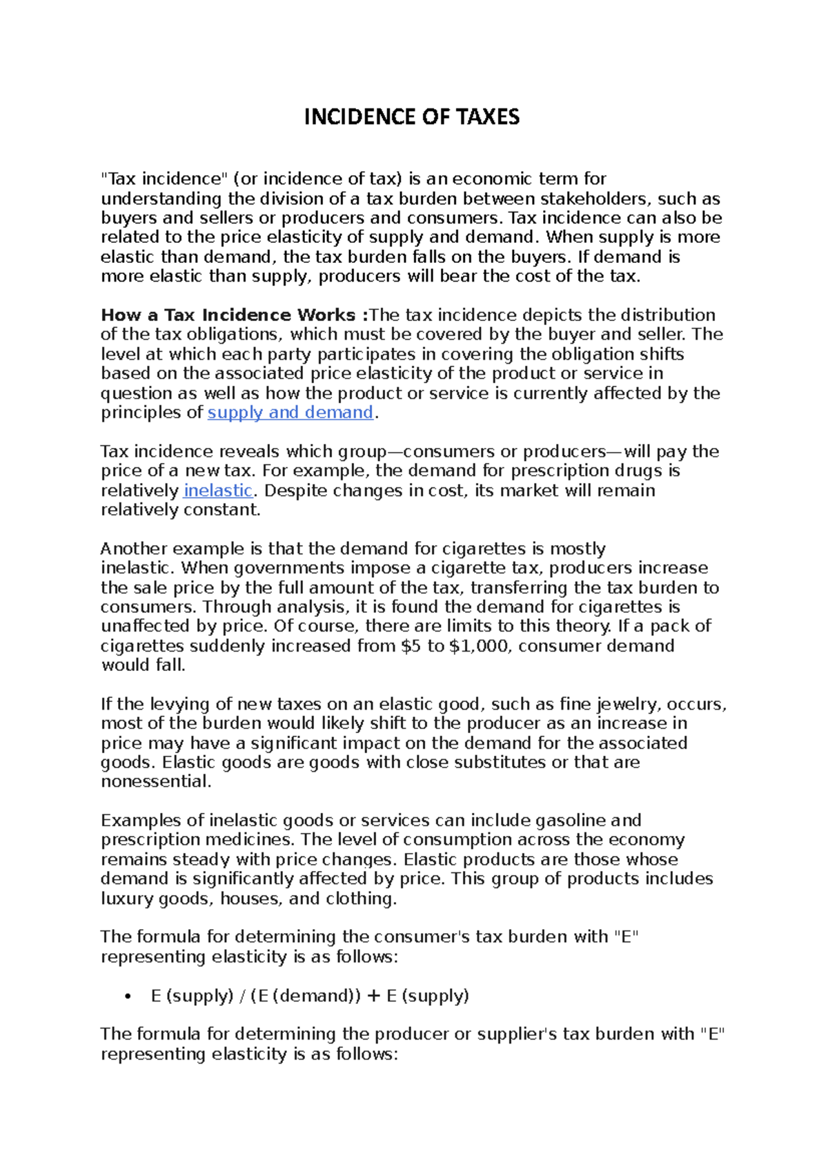 Incidence OF Taxesi - INCIDENCE OF TAXES "Tax incidence" (or incidence ...